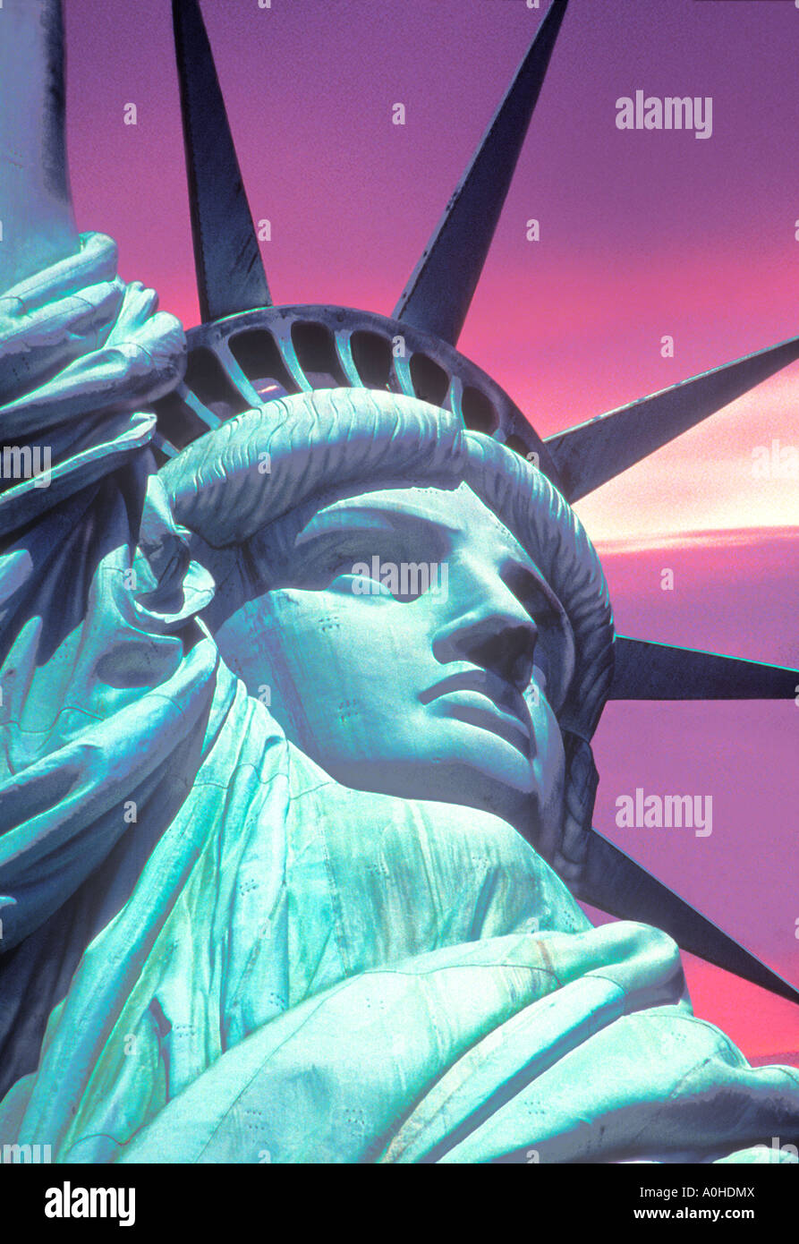 Statue of Liberty close up at sunset, New York. Head and crown low ...