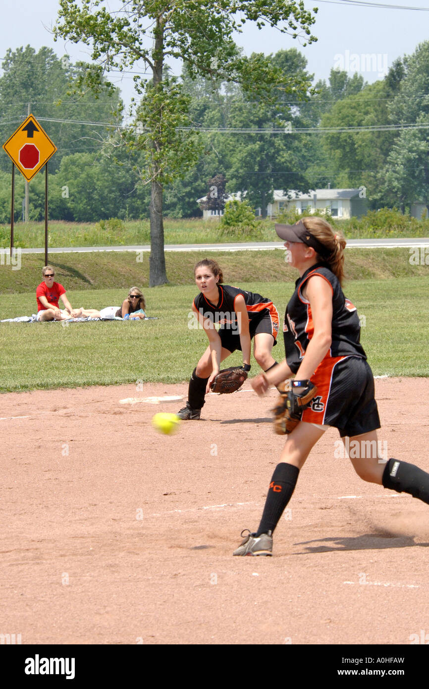 Teenage female Major league Softball action Stock Photo - Alamy
