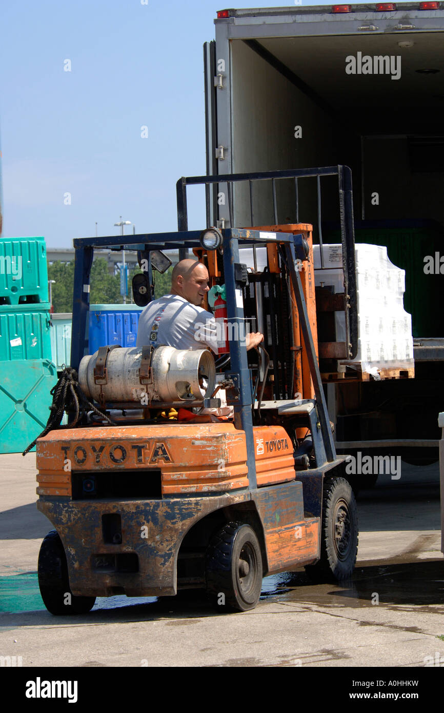 A Forklift truck moving cargo around a factory loading bay in Michigan ...