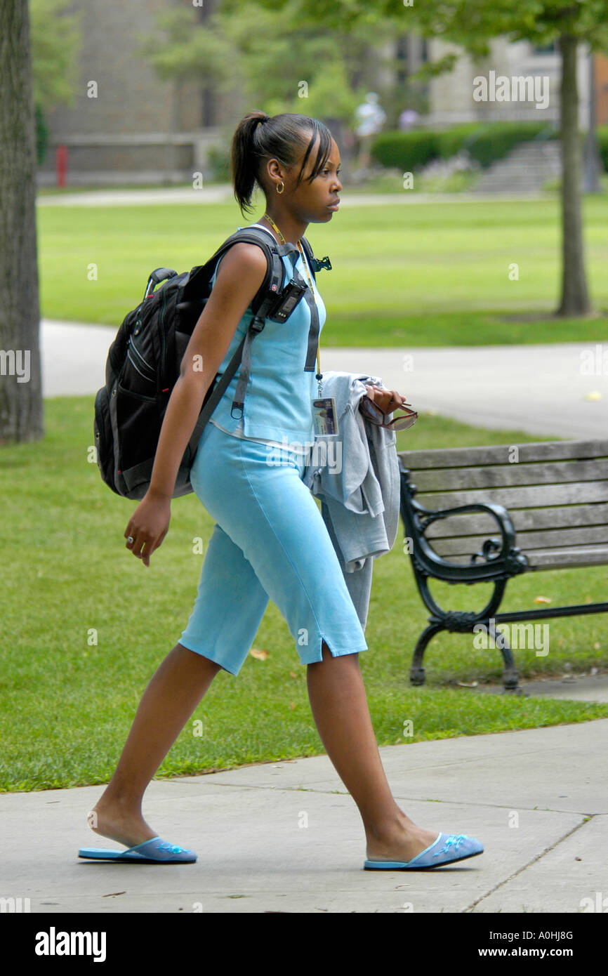 Black female college student walking to her class at Notre Dame ...