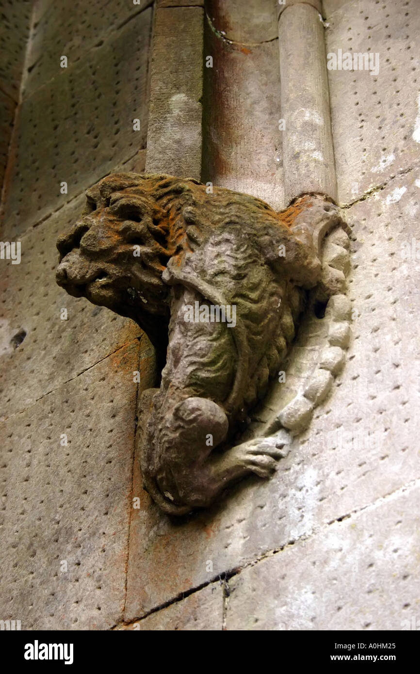 Lion gargoyle carved in stone, the Manor house in Drum Manor Forest ...
