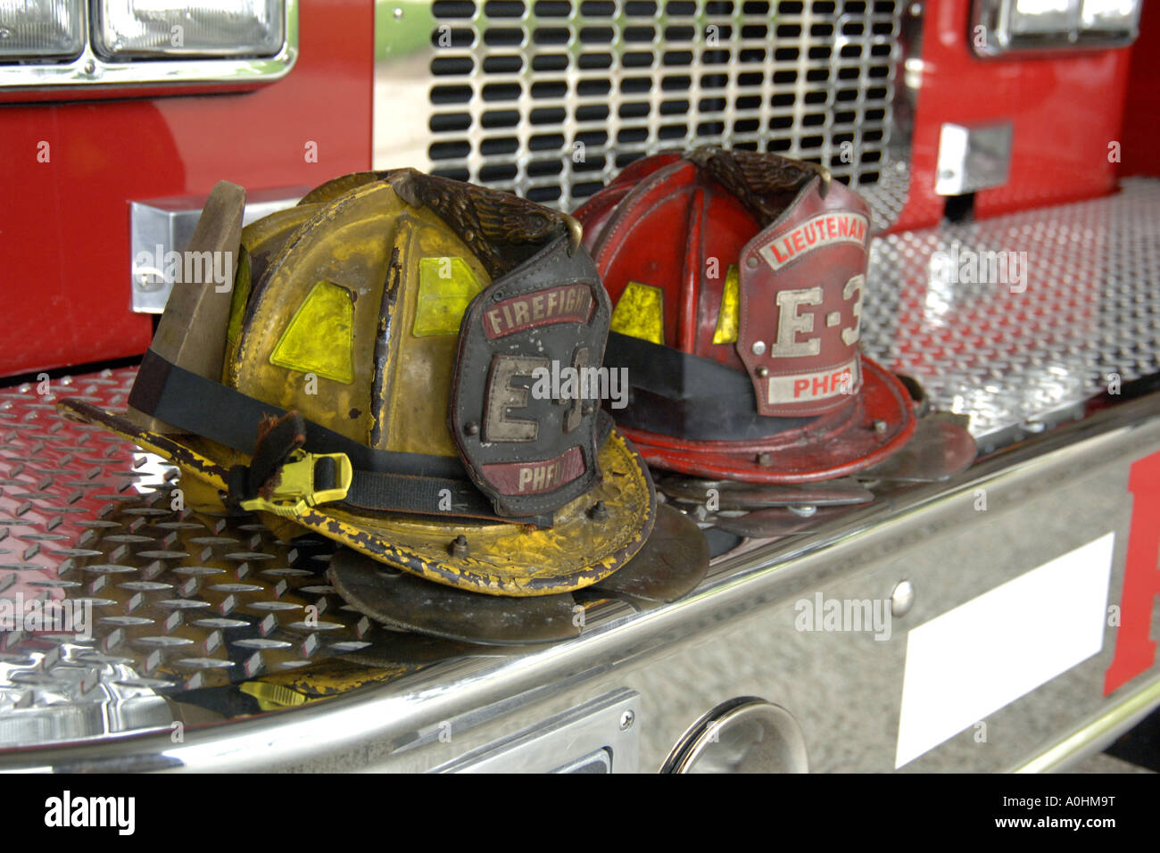 Red and Yellow firefighters helmets of the Port Huron Fire Dept Stock ...