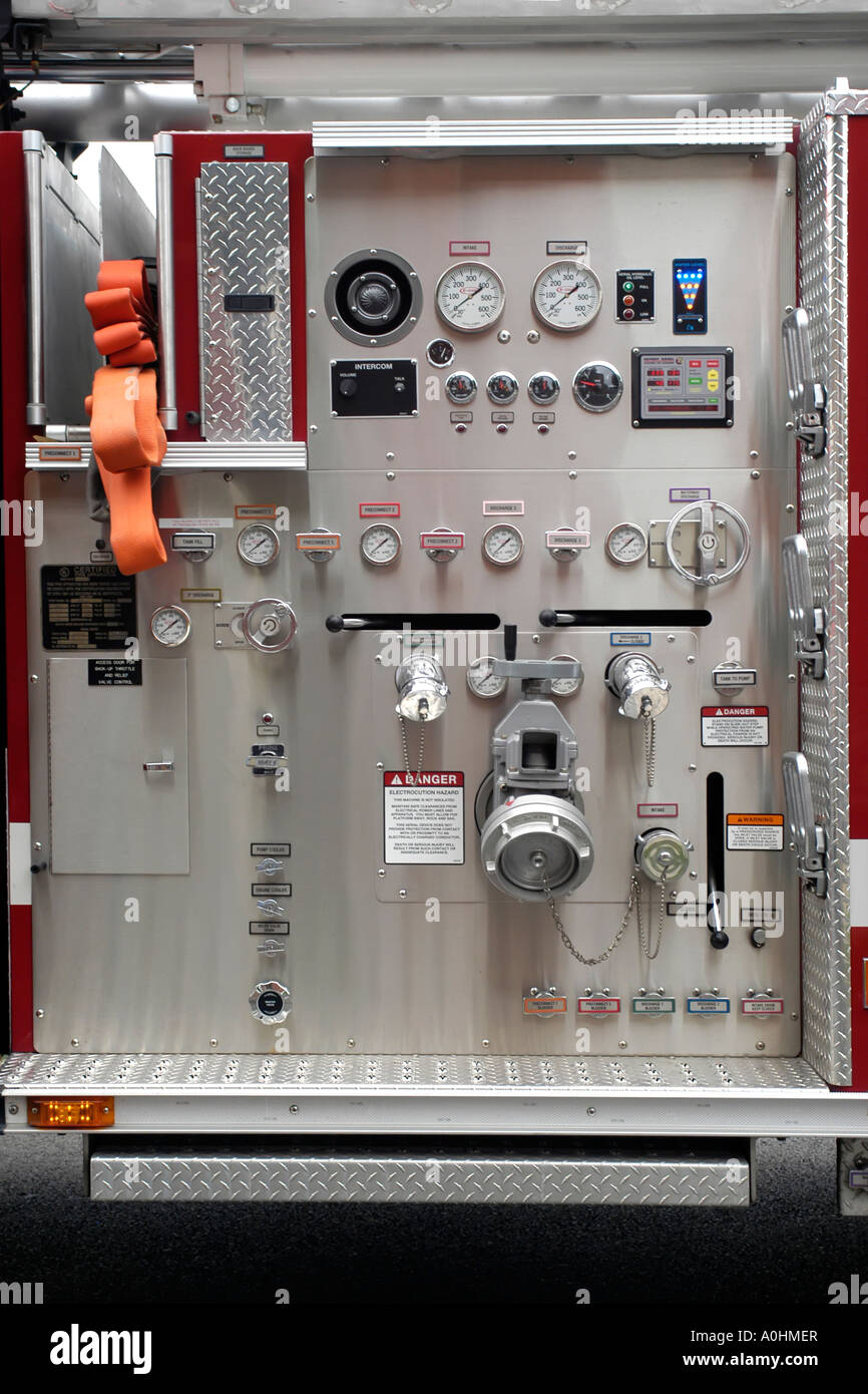 The water pumping controls on a fire truck Stock Photo - Alamy