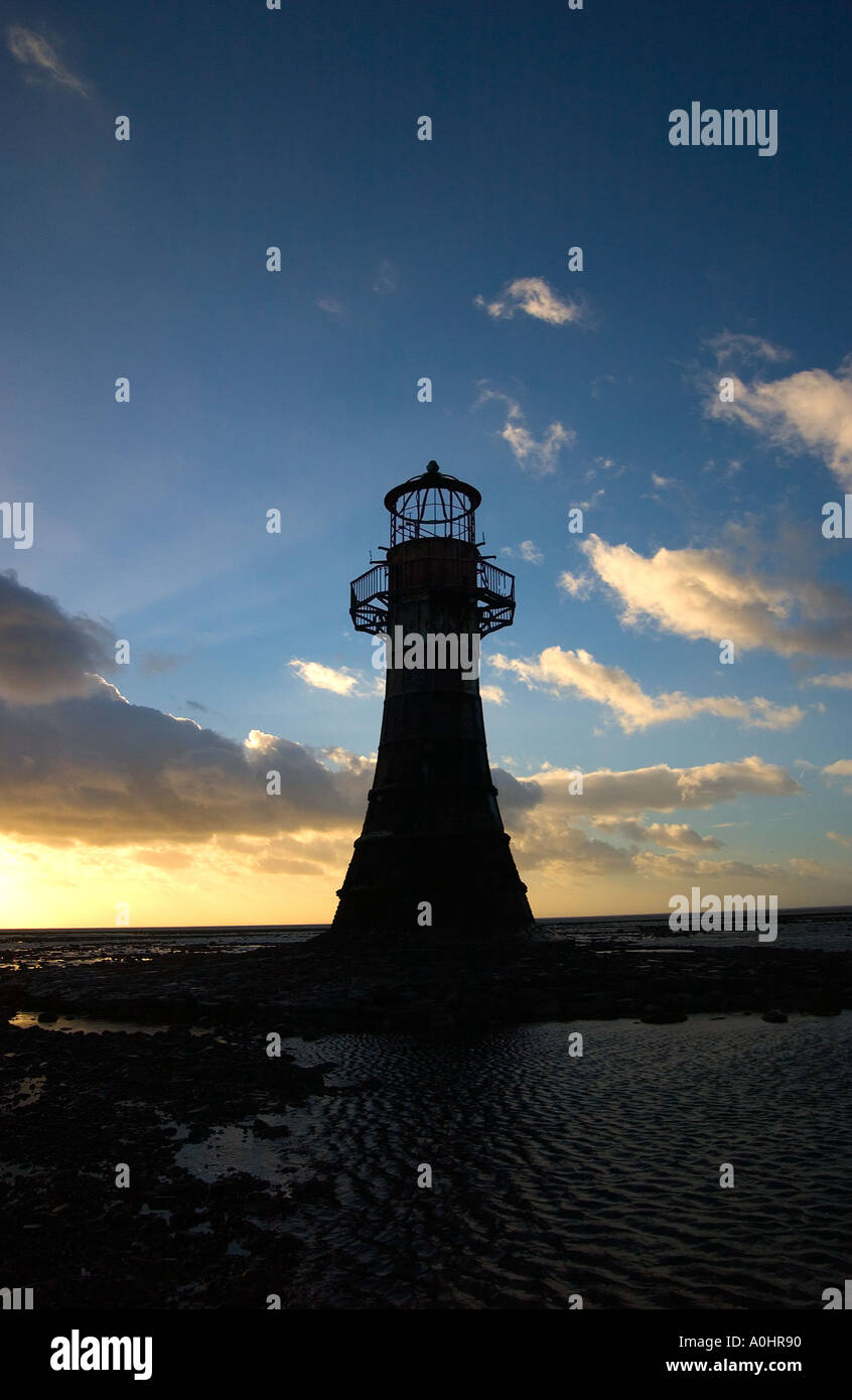 Whitford Point lighthouse at low tide on the Gower Peninsular, South ...