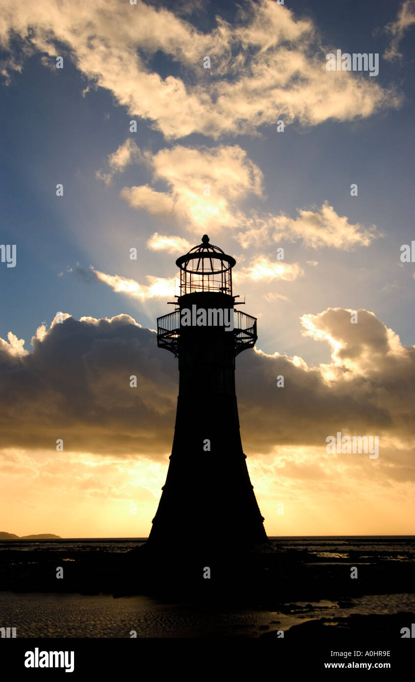 Whitford Point lighthouse at low tide on the Gower Peninsular, South ...