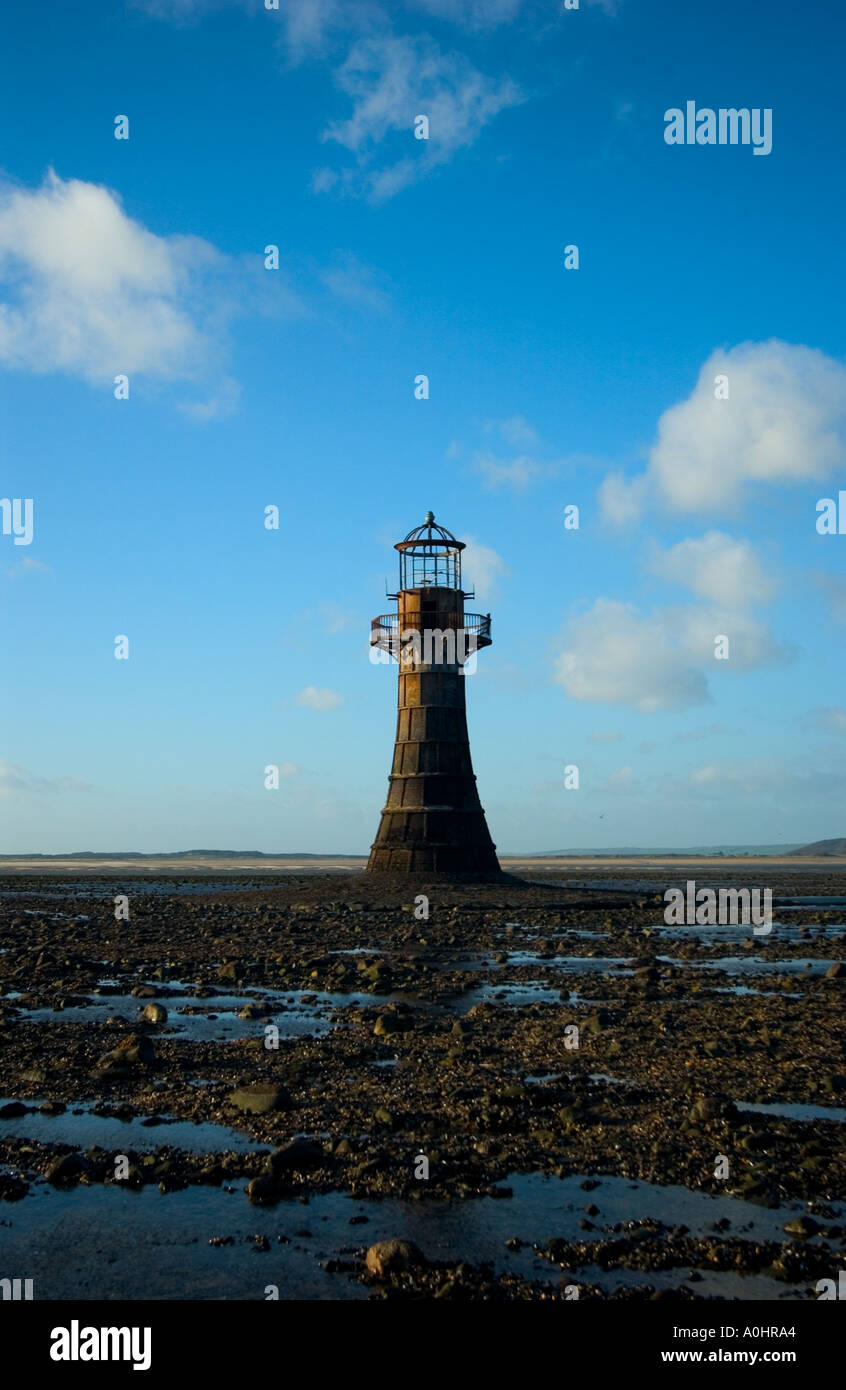 Whitford Point lighthouse at low tide on the Gower Peninsular, South ...