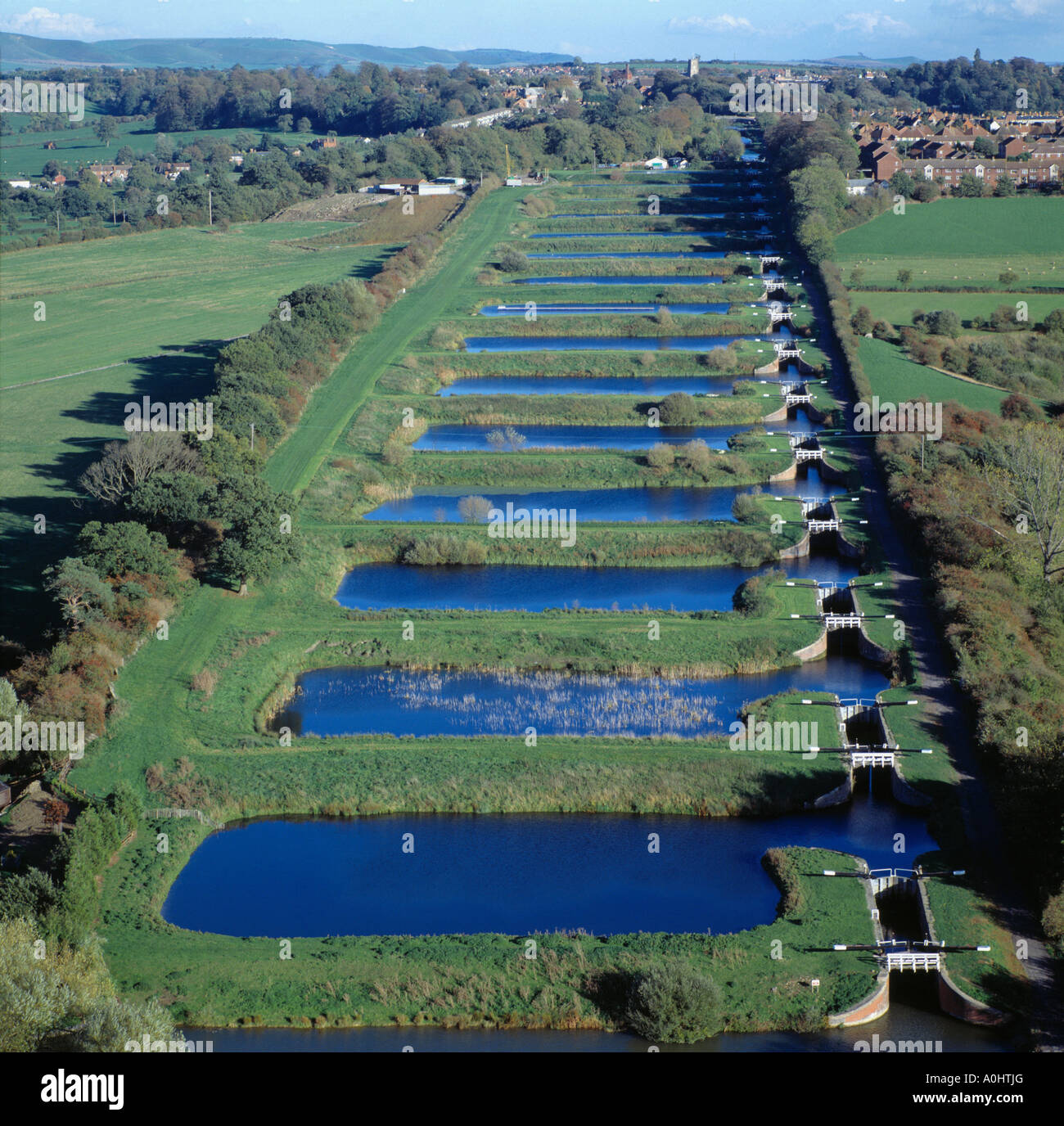 Caen Locks staircase on Kennet & Avon Canal UK aerial view Stock Photo ...