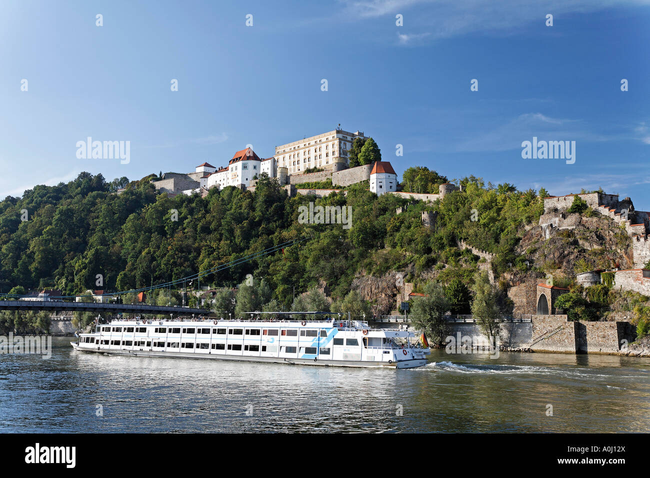 Castle Veste Oberhaus, ship on river Danube, Passau, Lower Bavaria ...