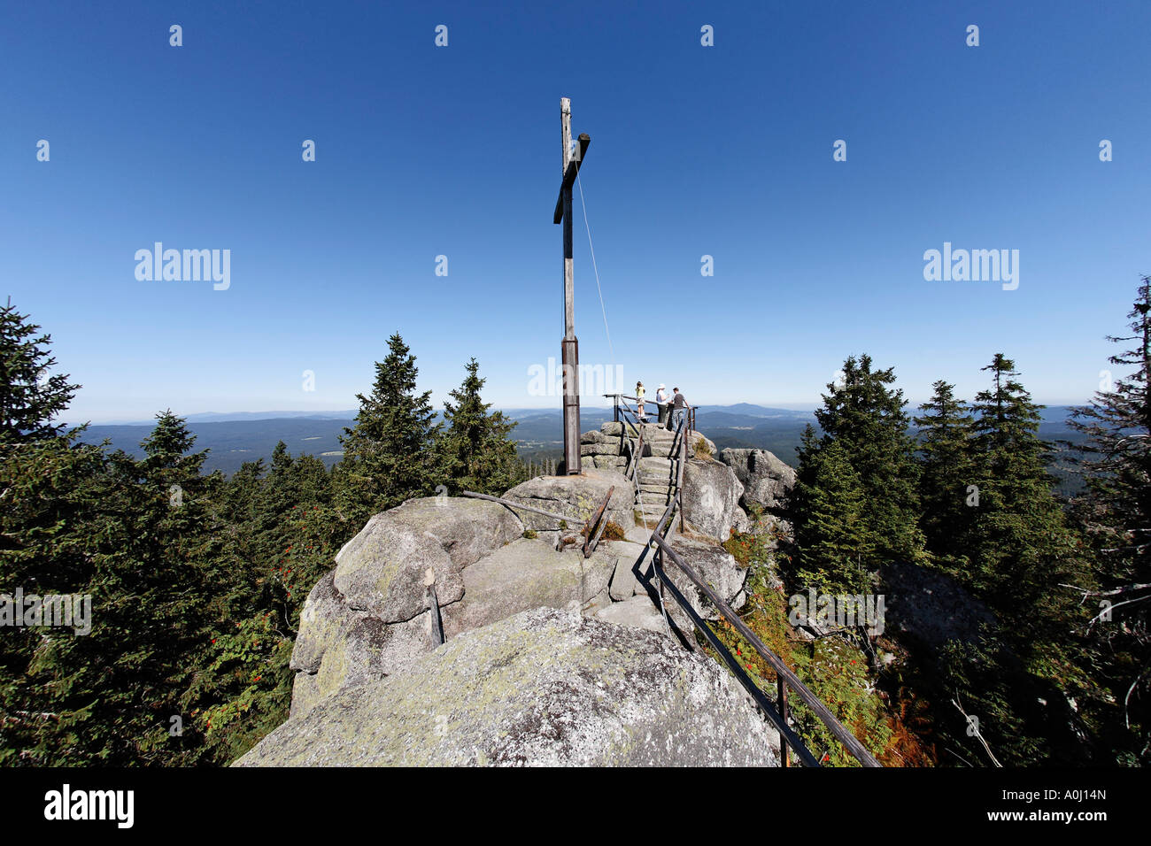 Cross on the summit of mountain Hochstein in Bavarian Forest, Lower ...