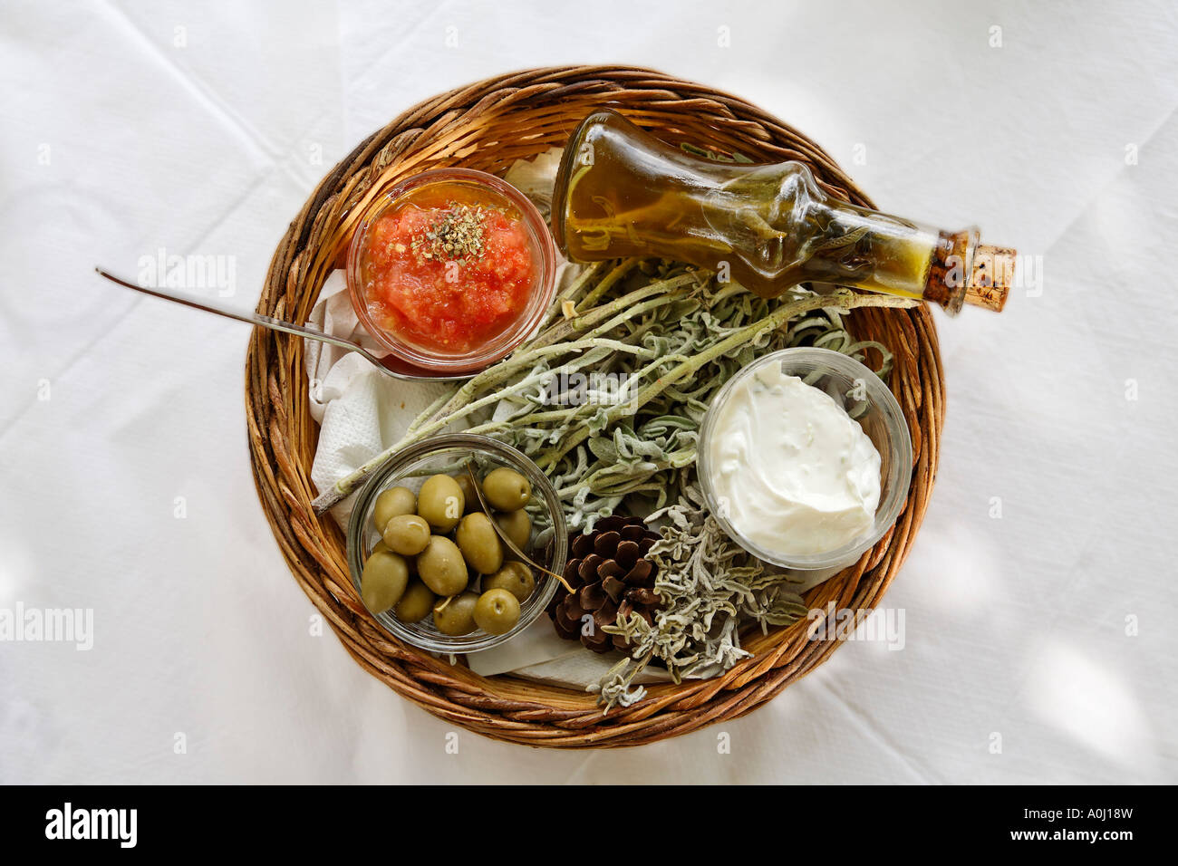 Typical side basket with sage, Crete, Greece Stock Photo - Alamy