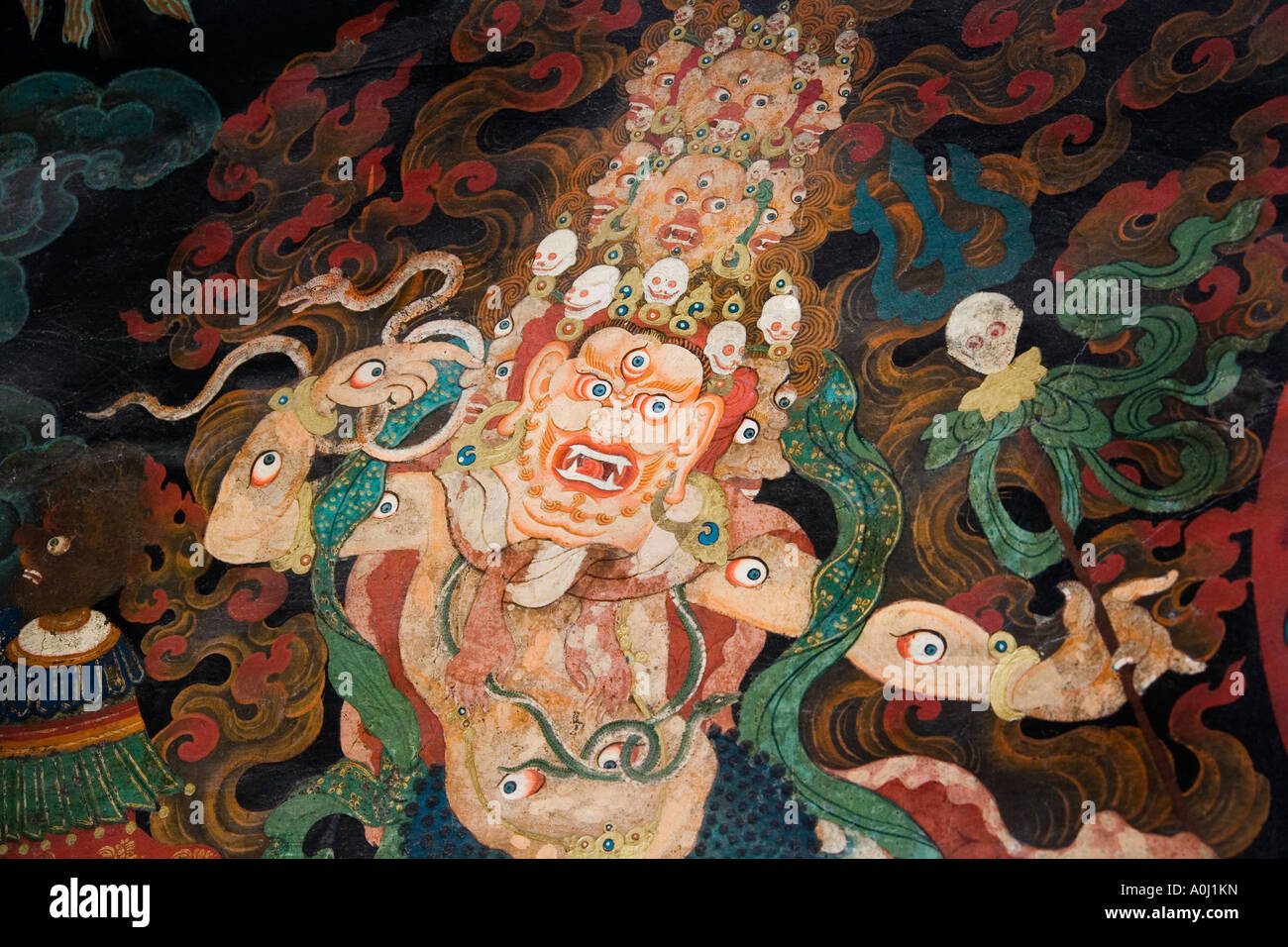 Buddhist religious wall paintings in Nechung Monastery near Lhasa in ...