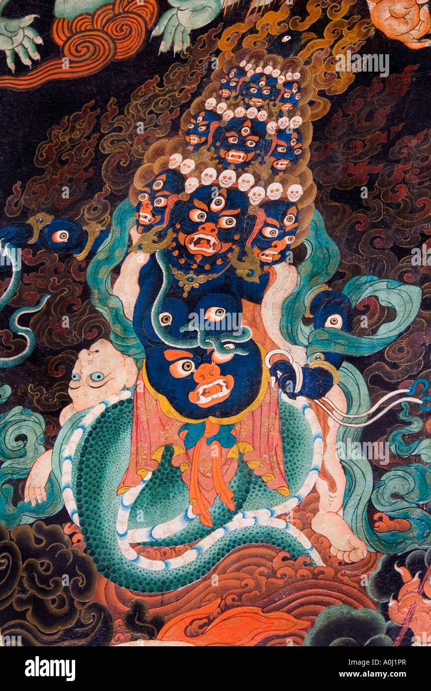 Buddhist religious wall paintings in Nechung Monastery near Lhasa in ...