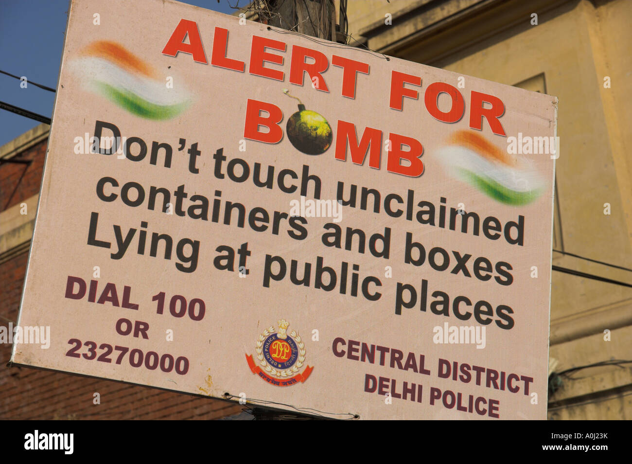 India Dehli New Dehli train station warning street poster against bombs ...