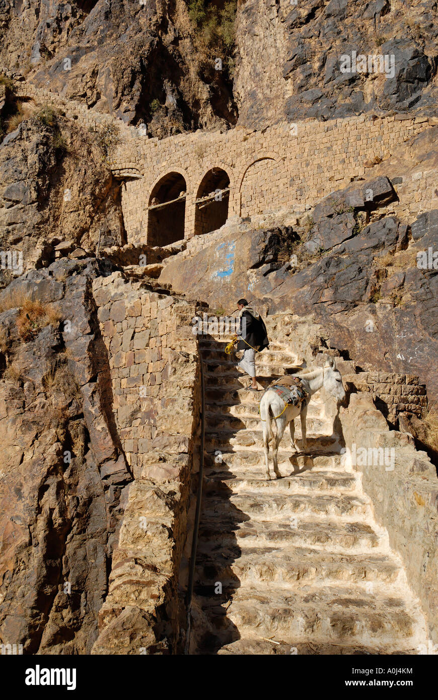 Man with donkey on the stone bridge of Shahara, Yemen Stock Photo - Alamy