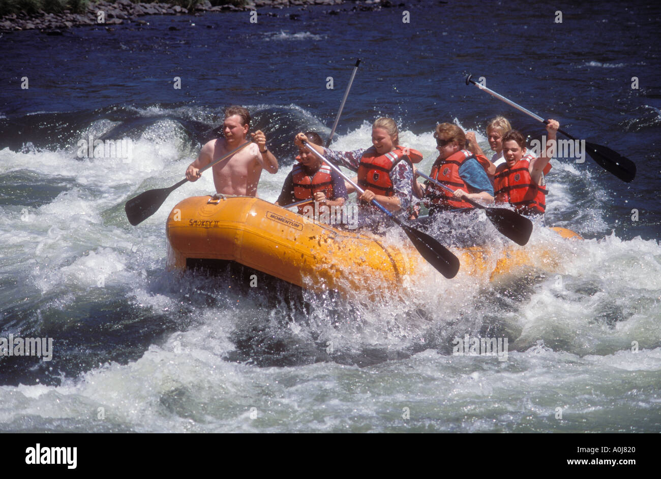 Rogue River Oregon people in inflatable paddle raft going through Mine ...