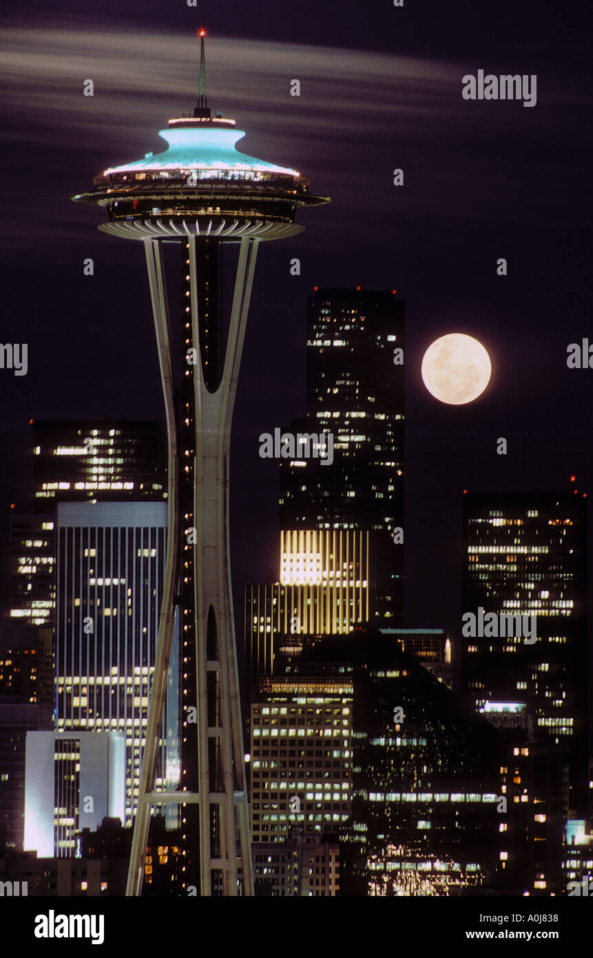 Space Needle downtown skyscrapers and full moon Seattle Washington USA ...