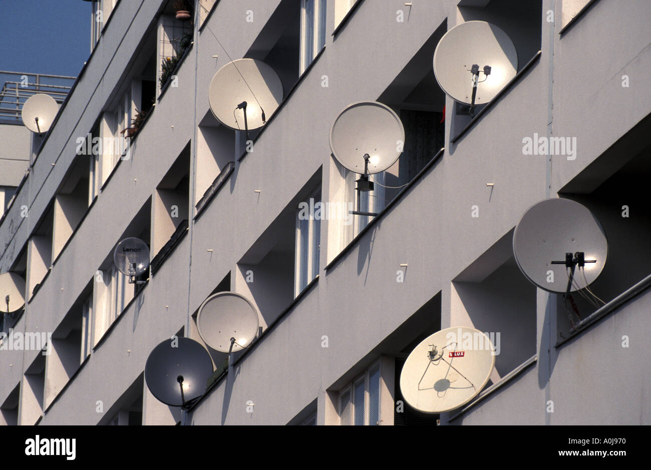 Germany Berlin a clutter of satellite dishes mounted on balconies Stock ...