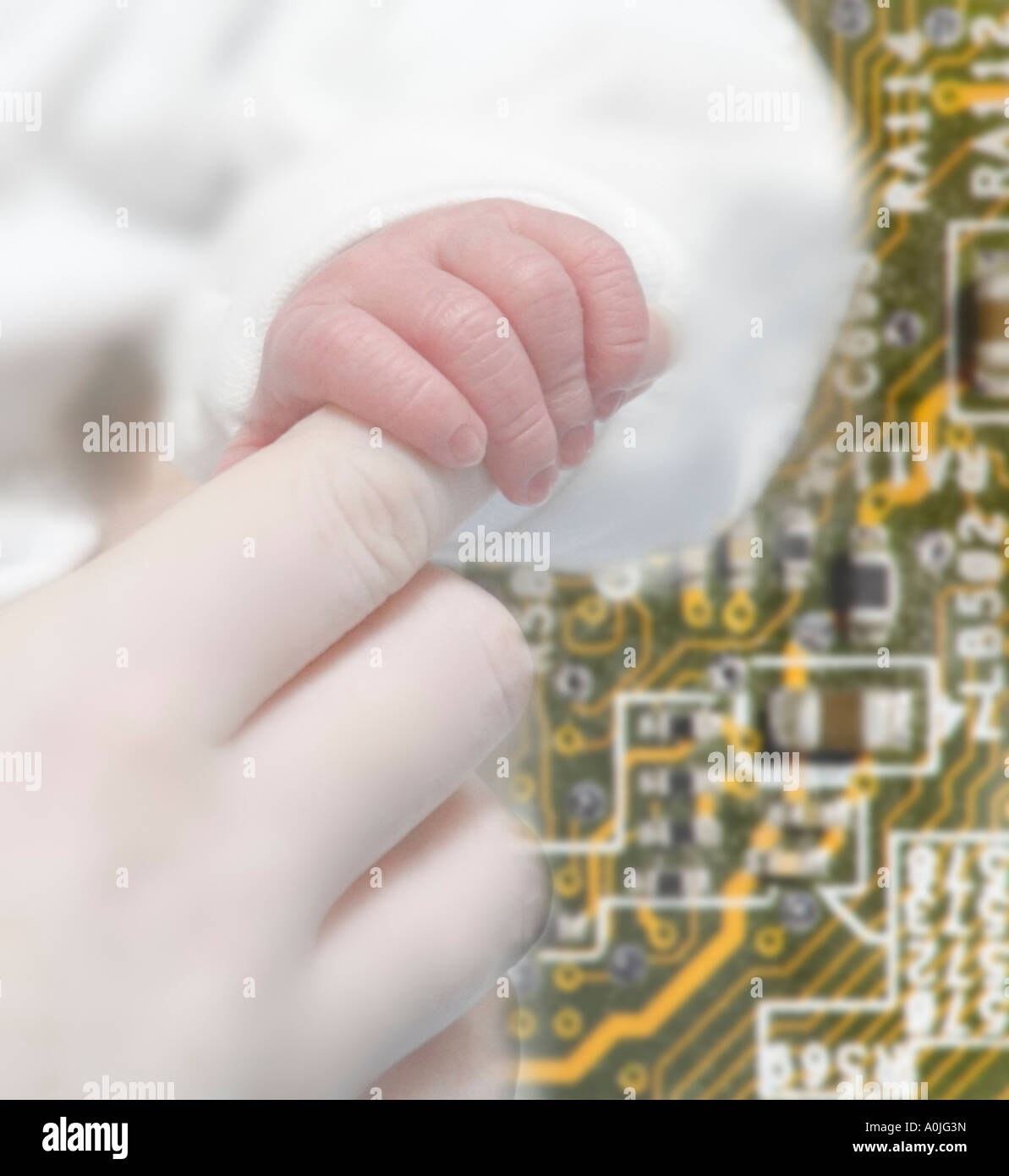 science laboratory equipment baby holding mothers finger superimposed ...