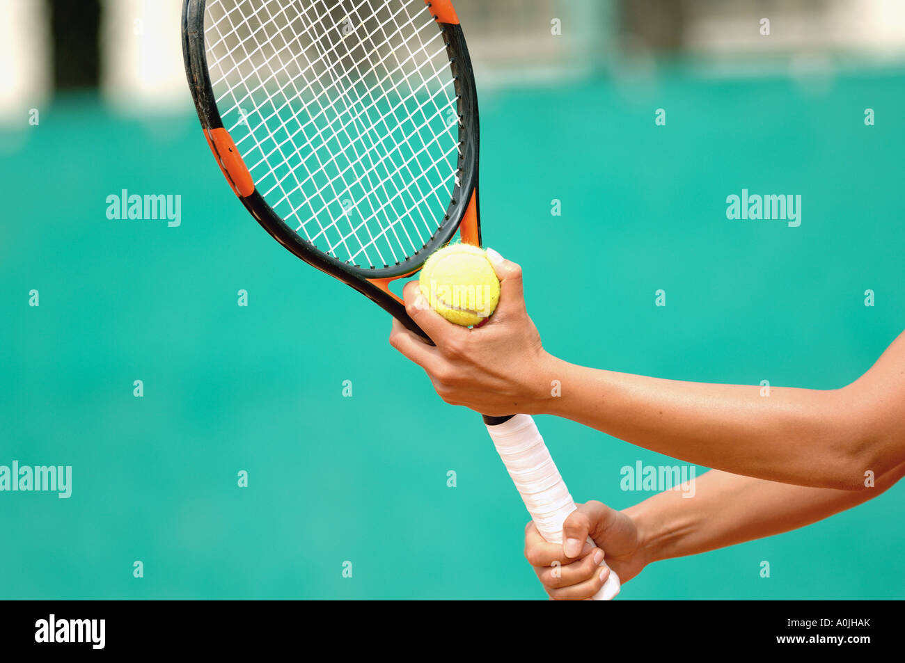 Close Up of Female Tennis Player Holding Ball Serve Stock Photo - Alamy