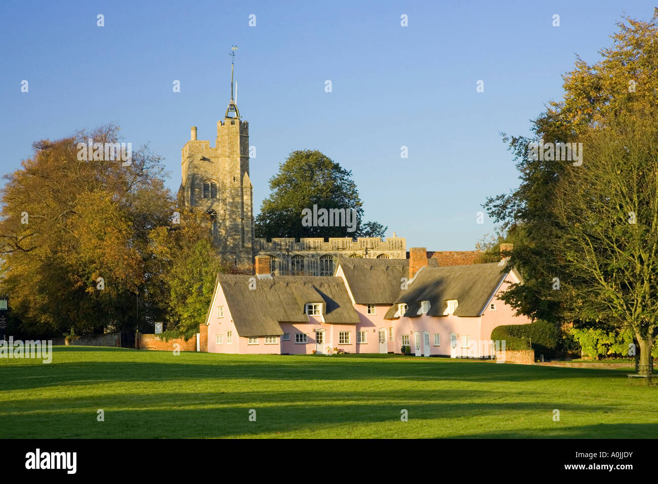 Cavendish village green, Suffolk, UK showing the famous view of pink ...
