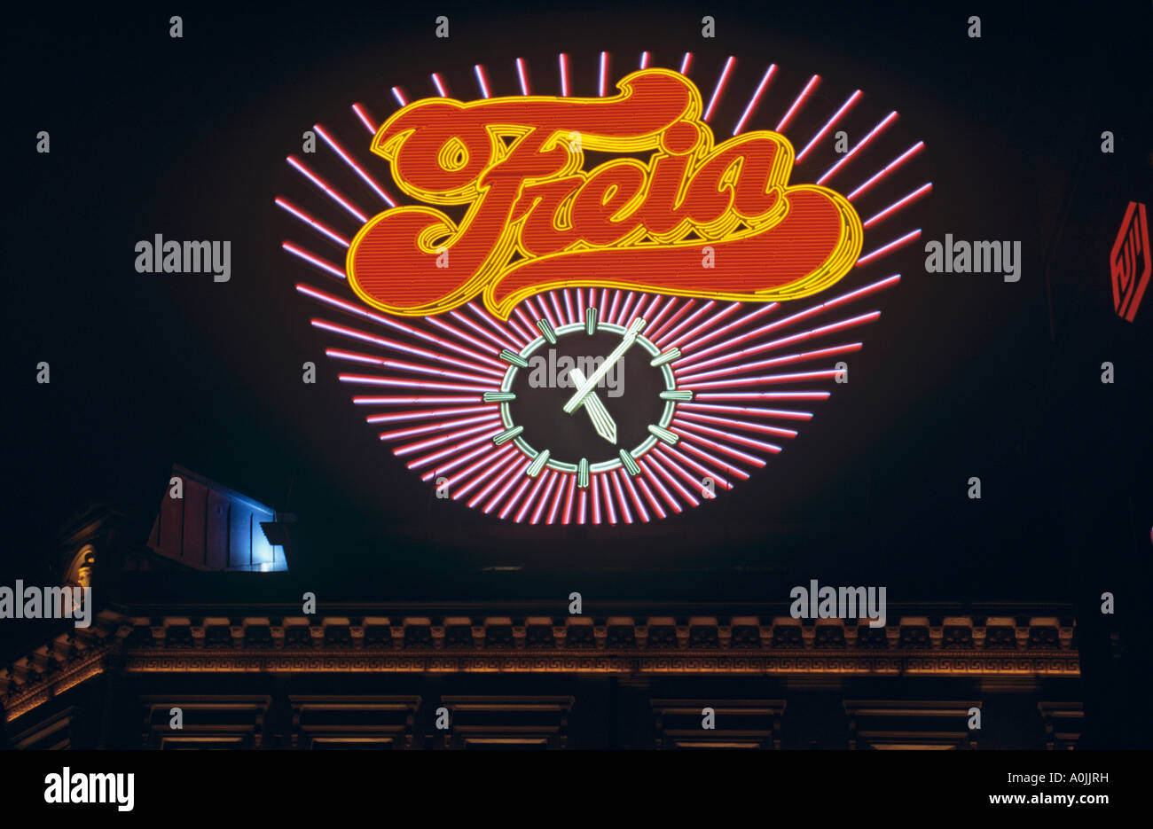 Detail of neon light lit up at night for Freia Chocolates in Oslo Stock ...