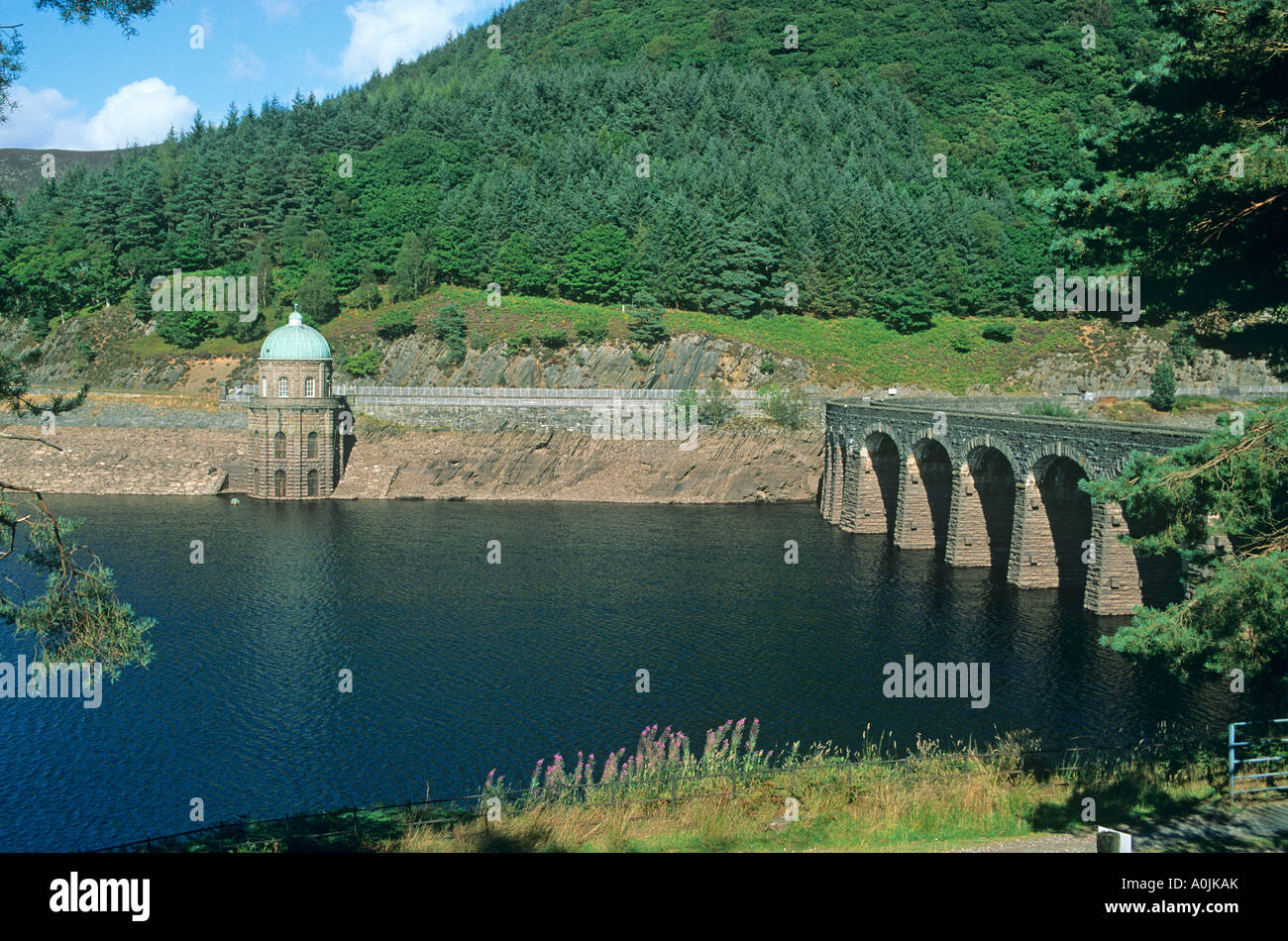 View looking over Carreg Ddu Dam with the green dome of Foel Tower Elan ...