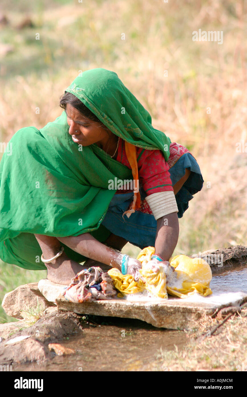 Rajasthani woman washing clothes at an irrigation channel between ...