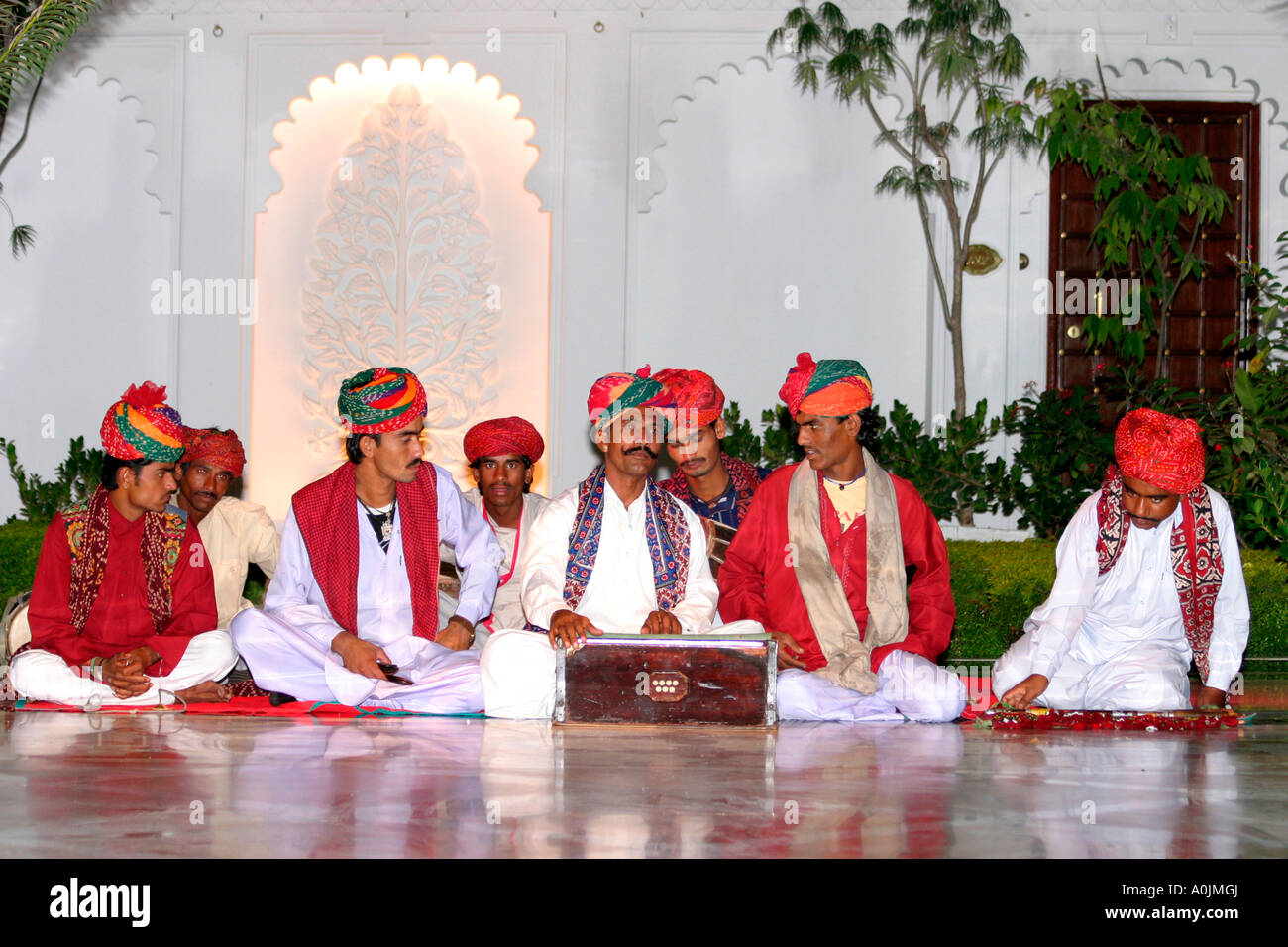 Traditional Rajasthani musicians at the Lake Palace Hotel, Jagniwas ...