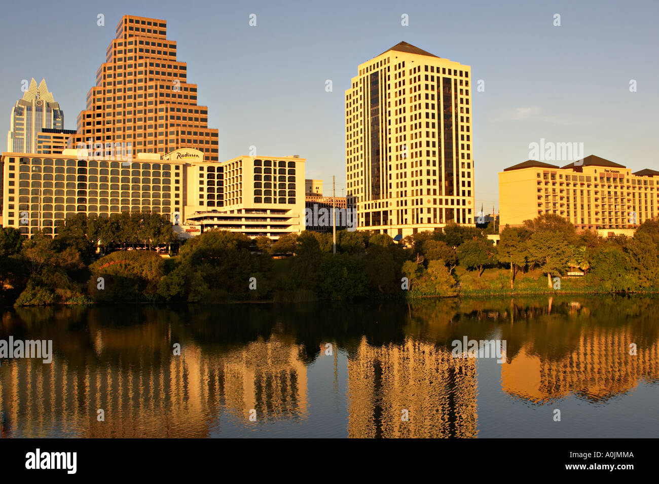 TEXAS Austin Radisson and Fours Seasons Hotel along shores of Town Lake ...
