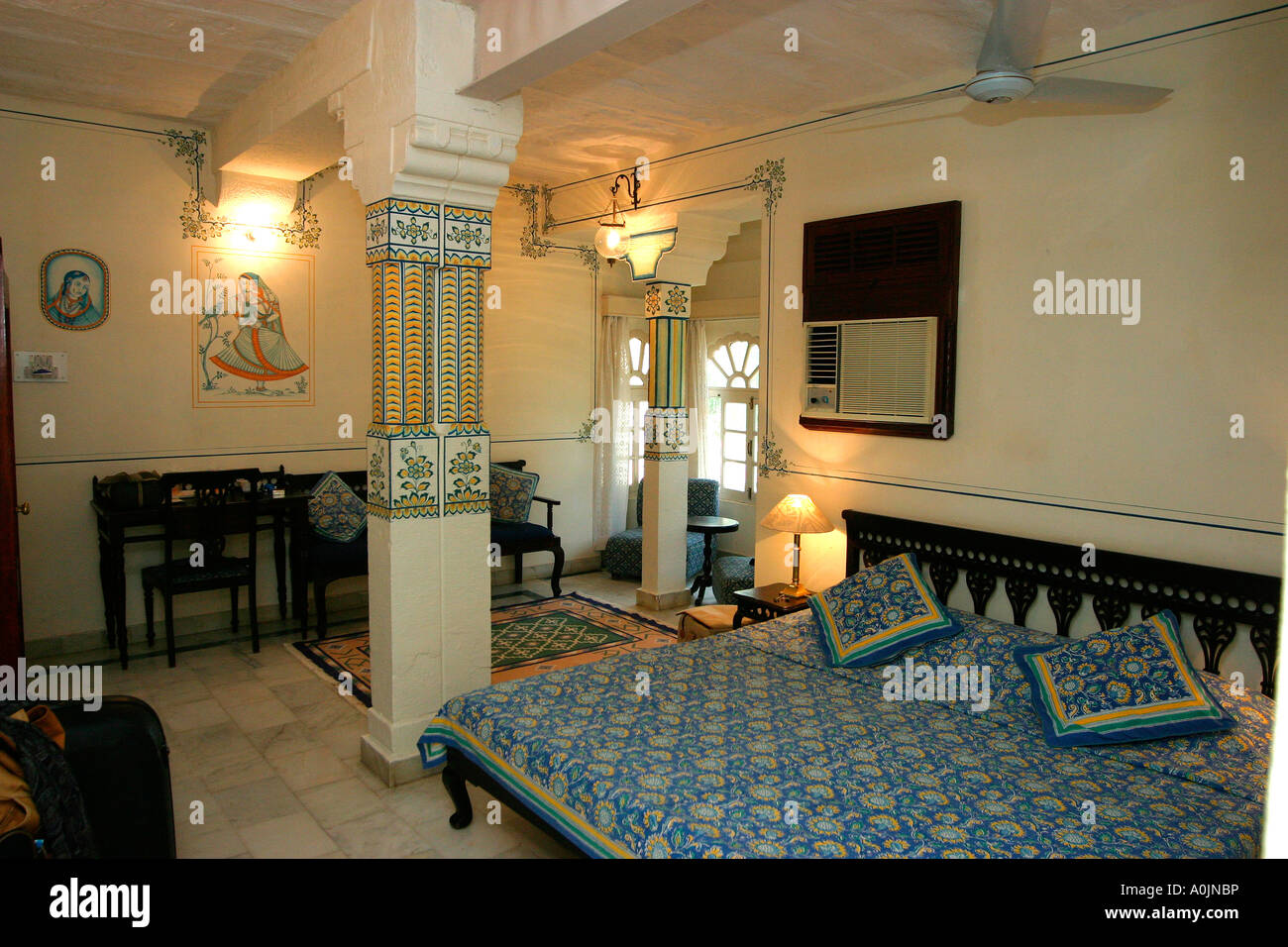 Guest bedroom at the Rohet Garh Hotel, near Jodhpur, Rajasthan, India ...