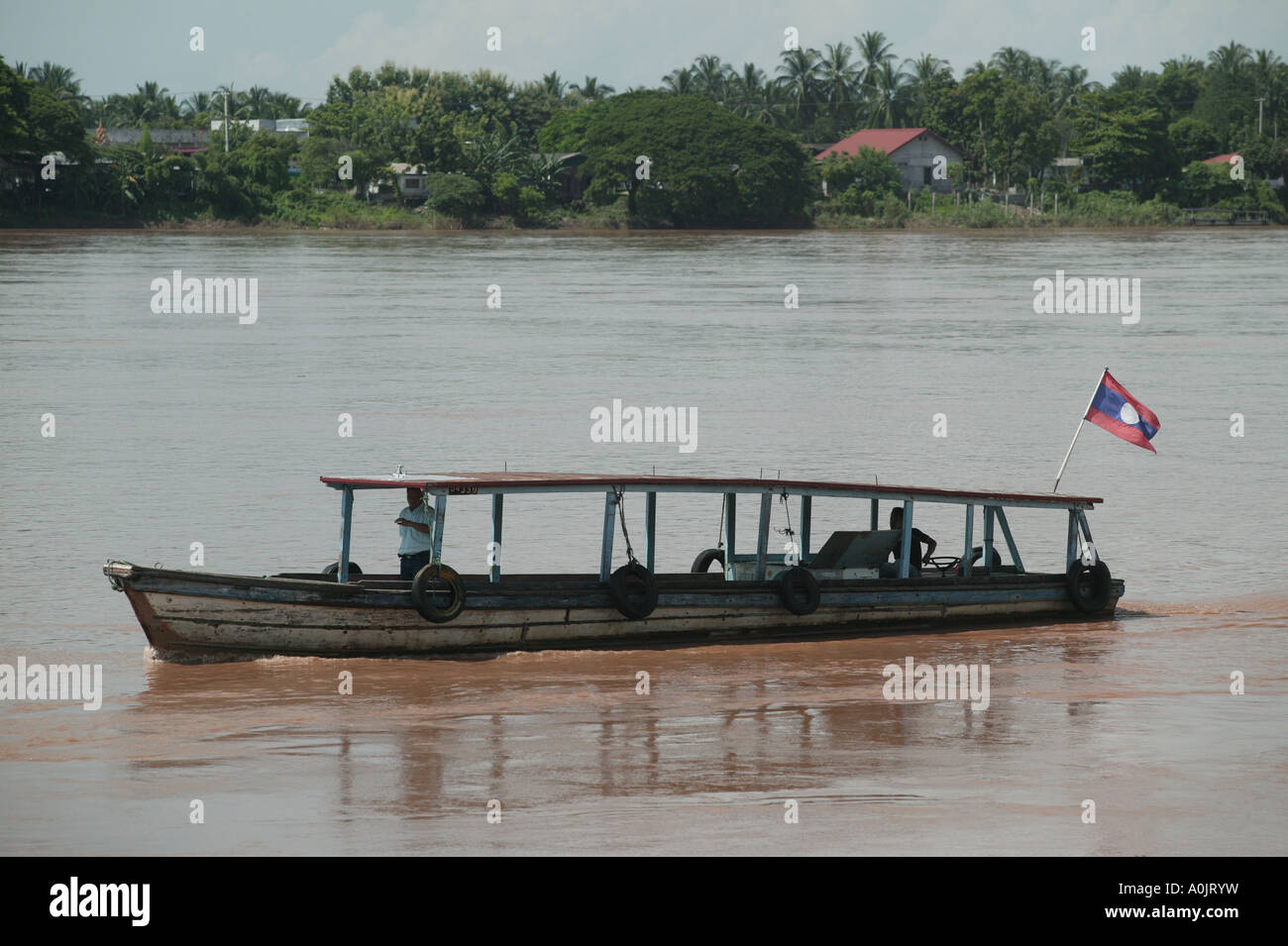 River long boat crossing from Laos to Nong Khai in North East Thailand ...