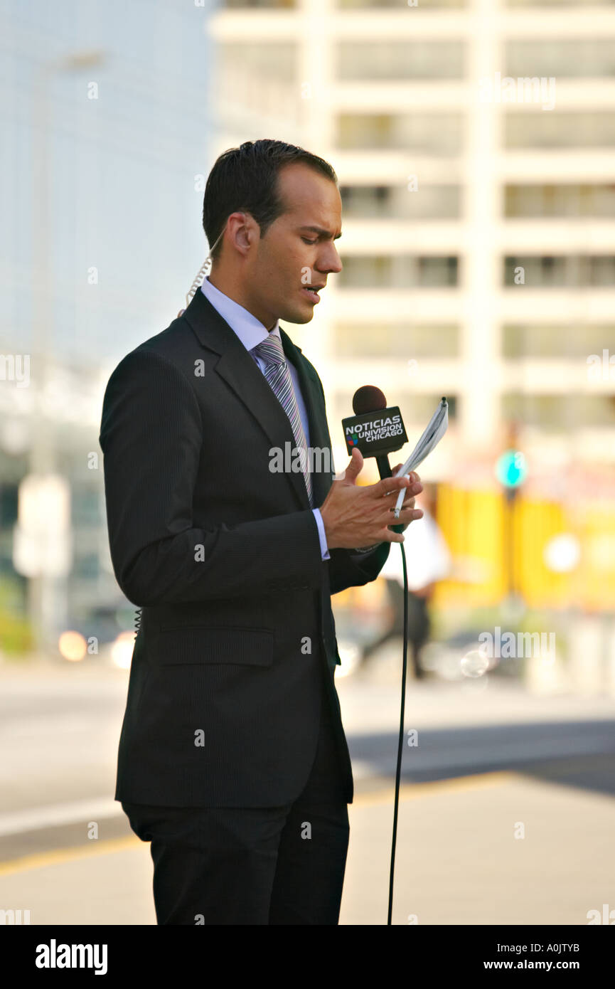 STREET SCENE Chicago Illinois Spanish language male news reporter with ...