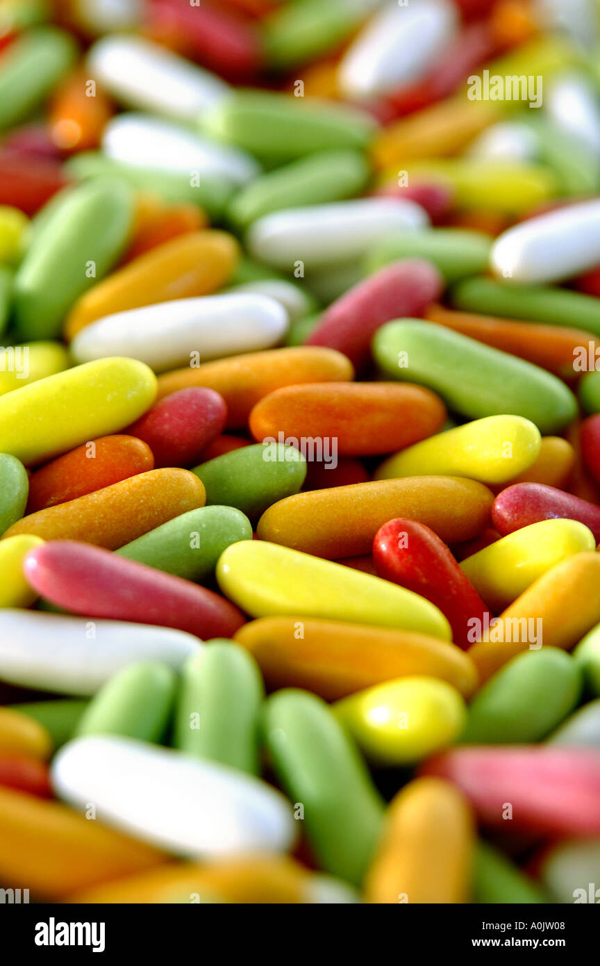 Multicoloured liquorice torpedoes, also known as liquorice comfit ...