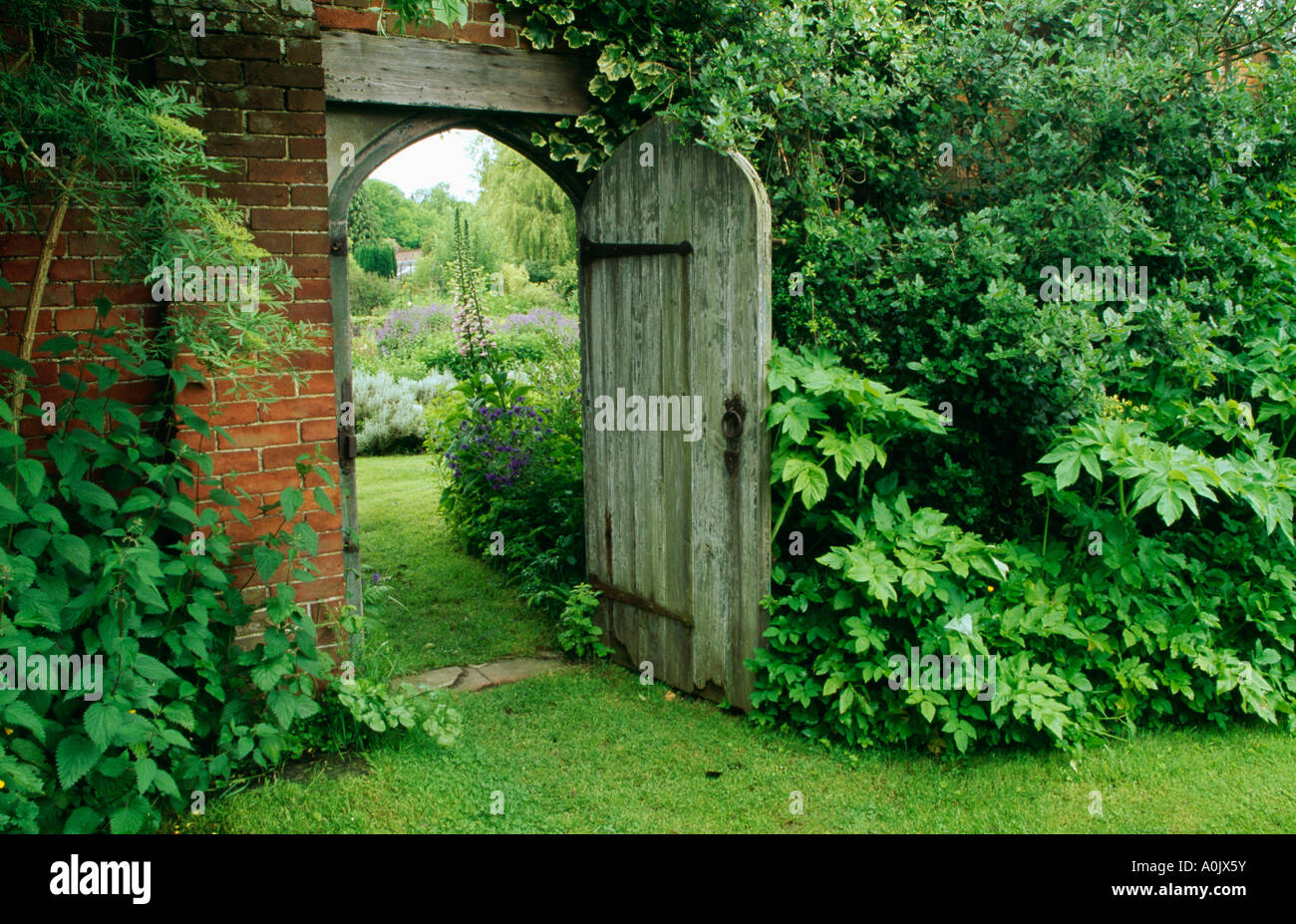 View through open door in garden wall Stock Photo - Alamy