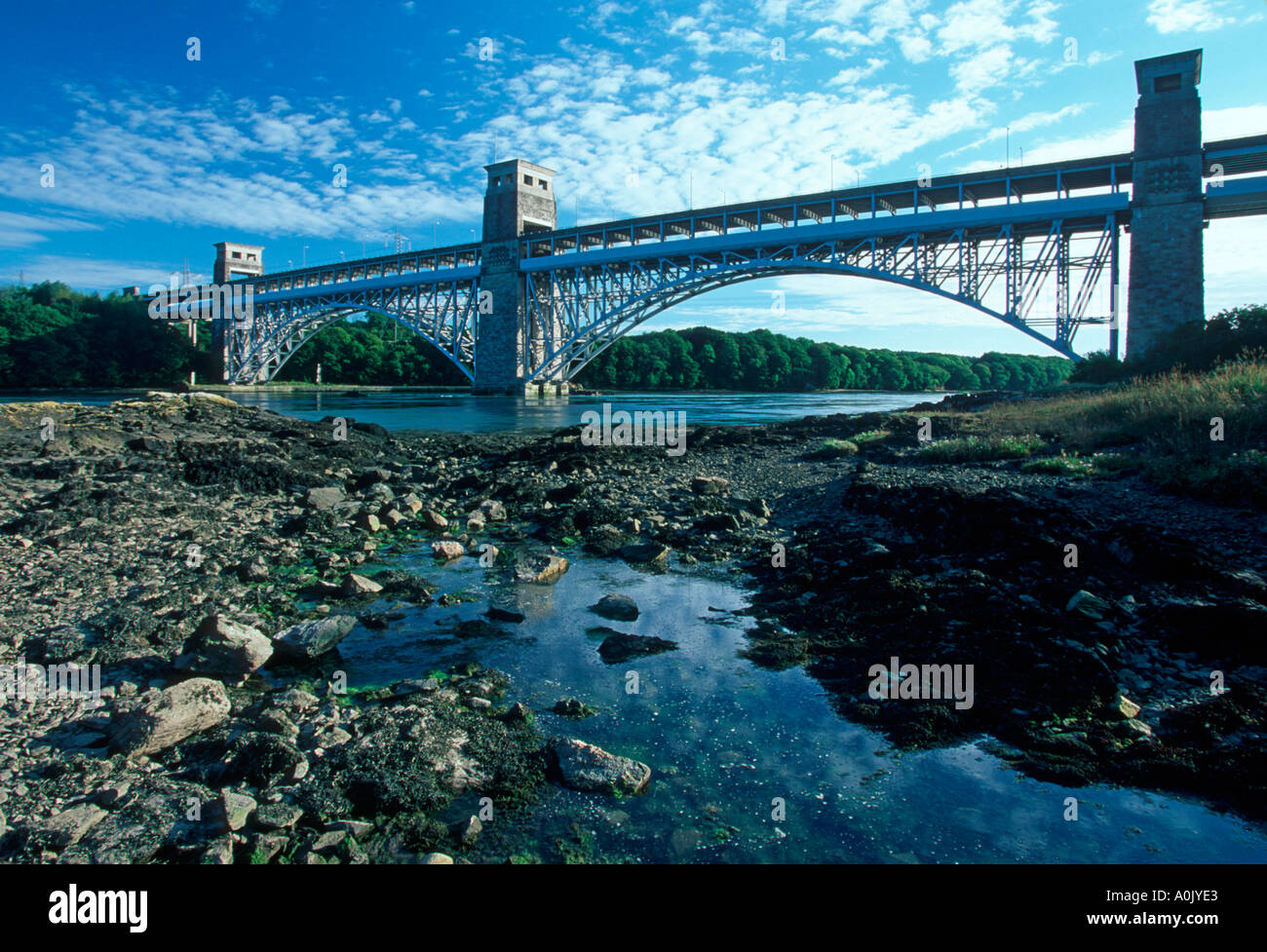 Britannia Bridge and Rock Pools Menai Strait Anglesey North West Wales ...