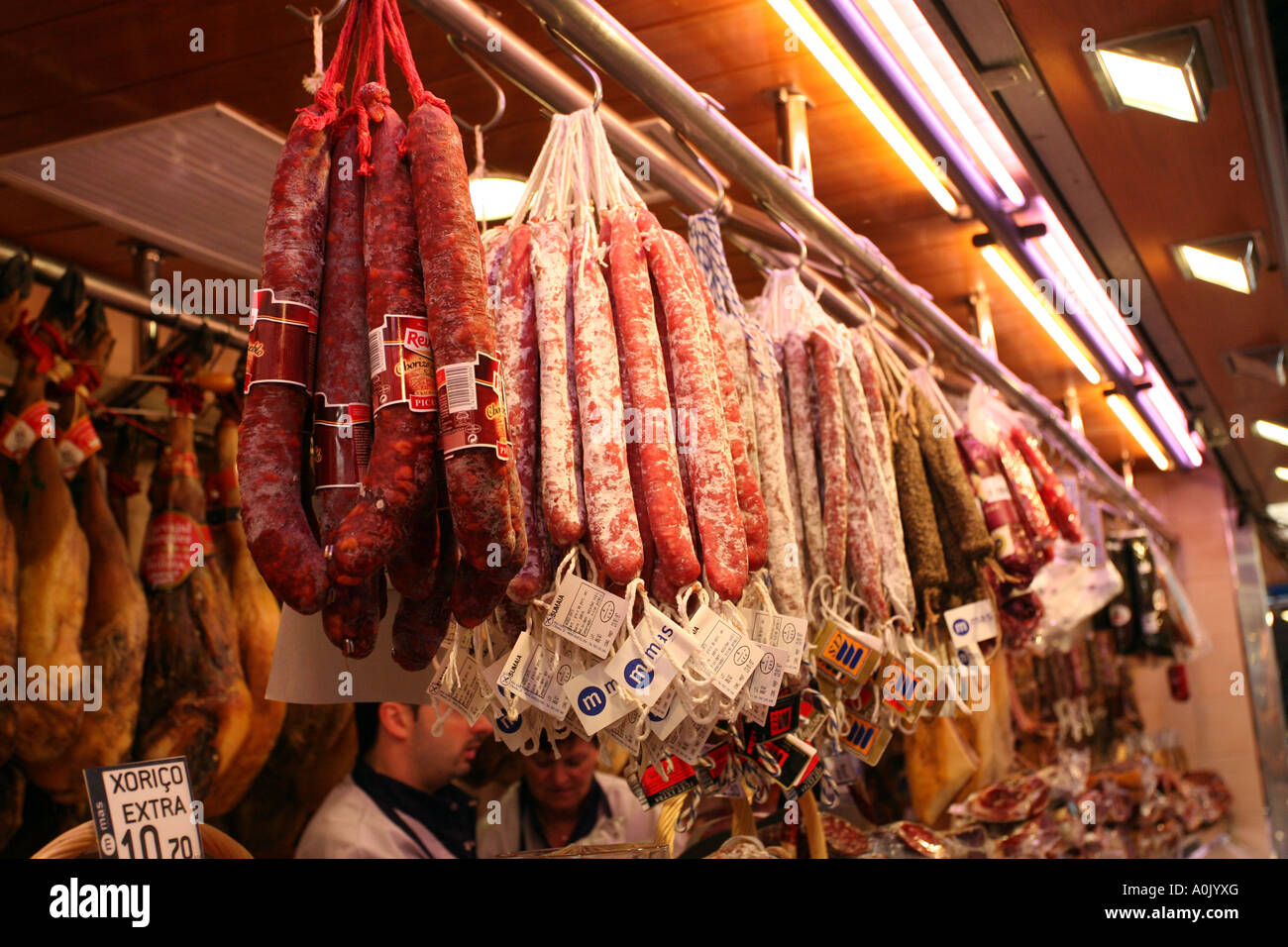 Chorizo for sale on a market stall at the Mercat St Josep La Boqueria ...