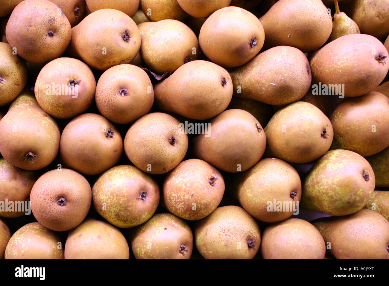 Pears for sale on a market stall at the Mercat St Josep La Boqueria ...