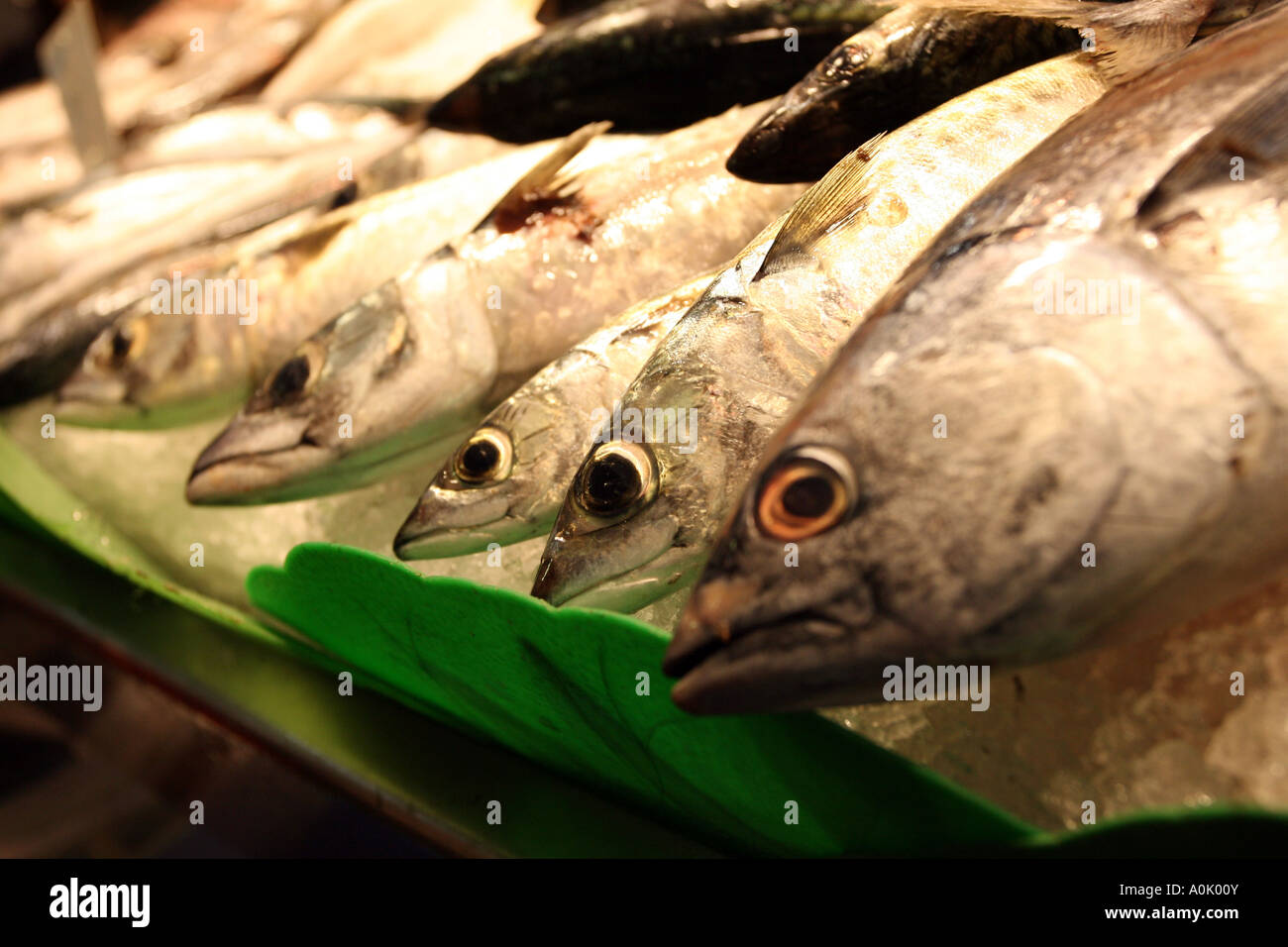 Fish for sale on a market stall at the Mercat St Josep La Boqueria ...