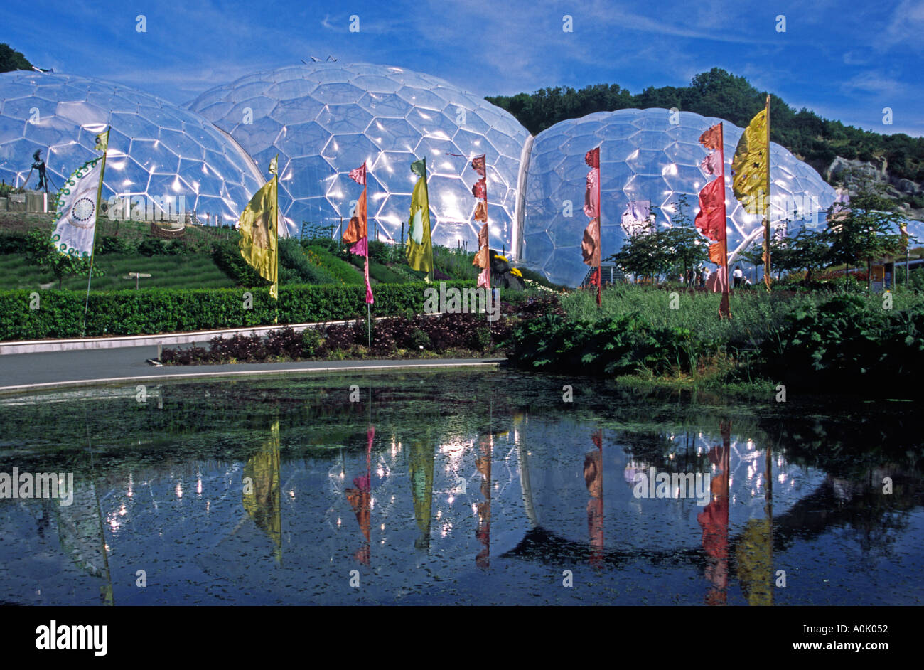 Eden Project domes and pond Cornwall England Stock Photo - Alamy