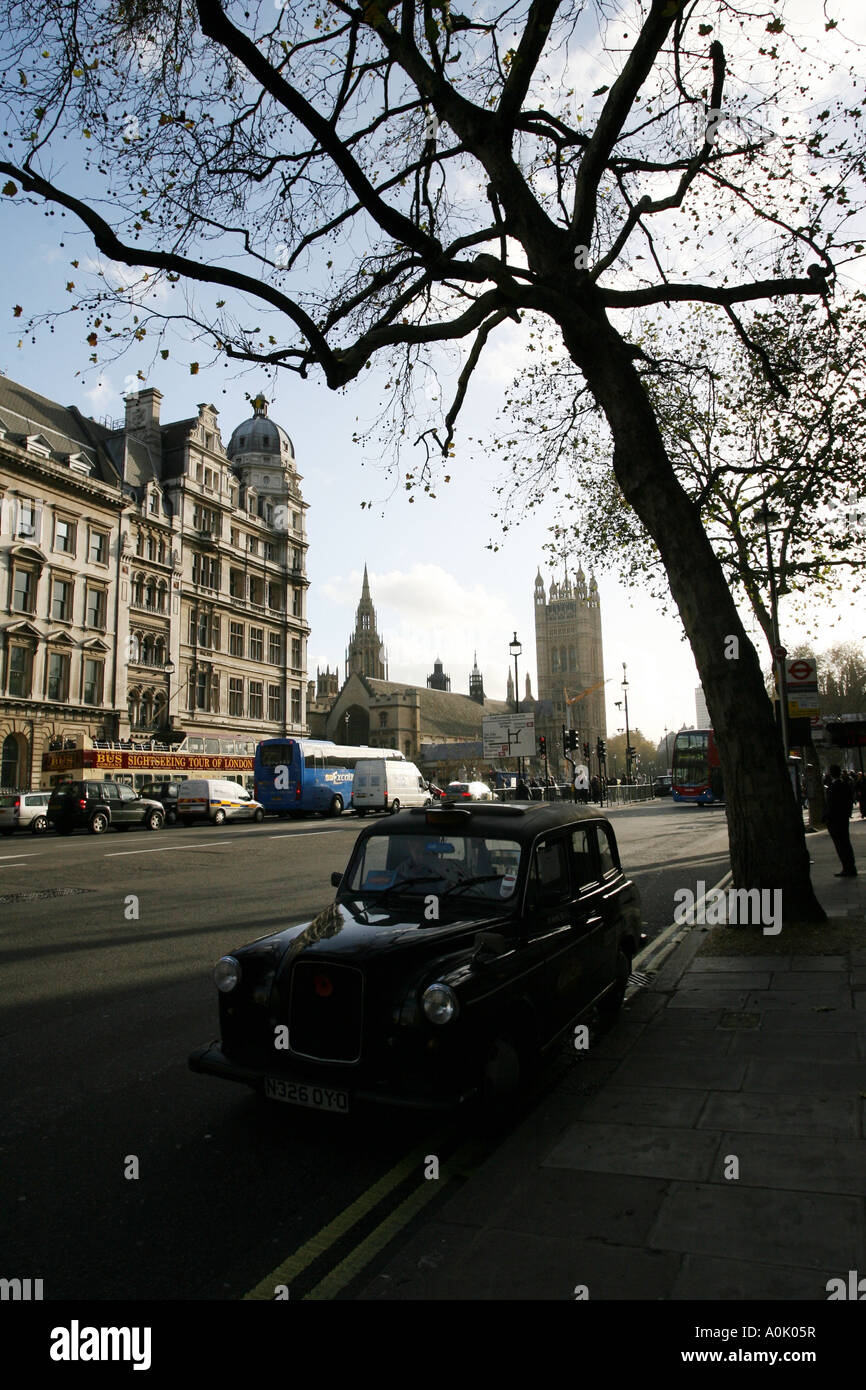 General London scene of Black Cab and London Bus in PArliament Square ...
