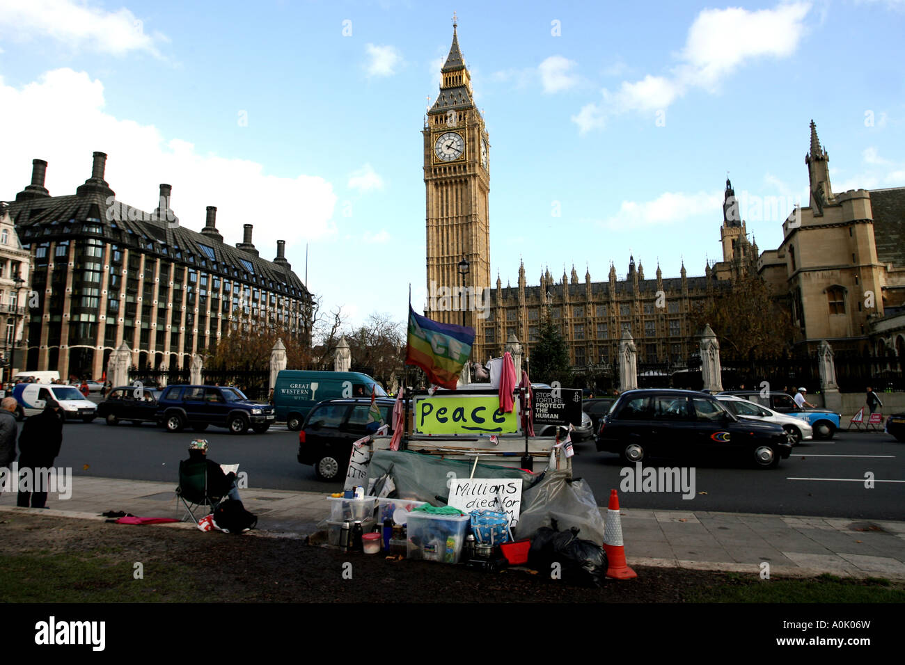 Big Ben and Westminster and peace protestors Parliament Square London ...