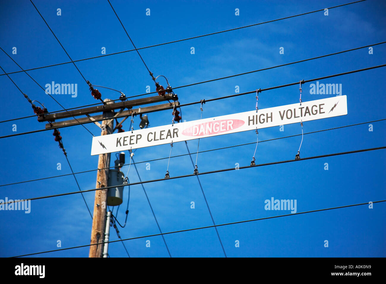 ELECTRICAL WIRES OVERHEAD, DANGER Stock Photo - Alamy
