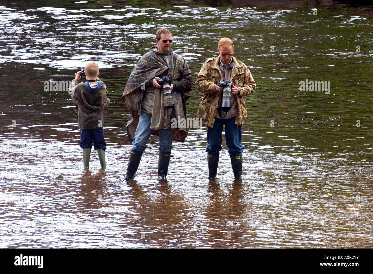 Two men and a boy take photographs in river Stock Photo - Alamy