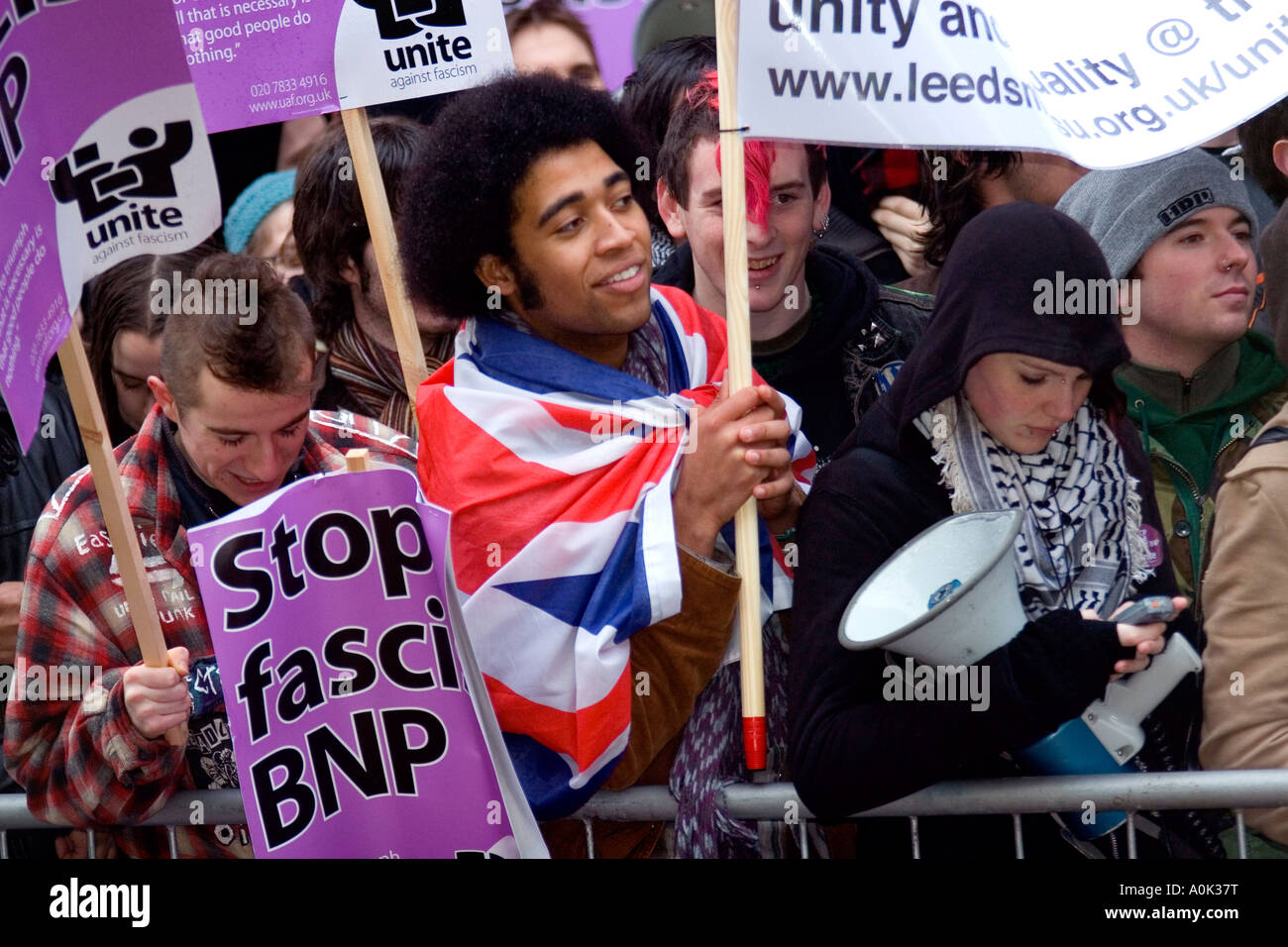 Anti fascist demonstrators in Leeds Stock Photo - Alamy