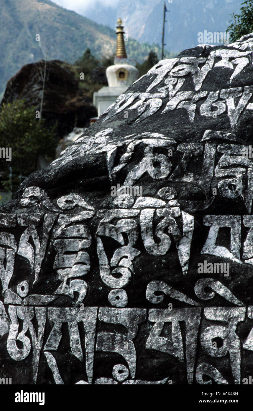 Mani stones carved with Buddhist inscriptions in the Himalayas, Nepal ...