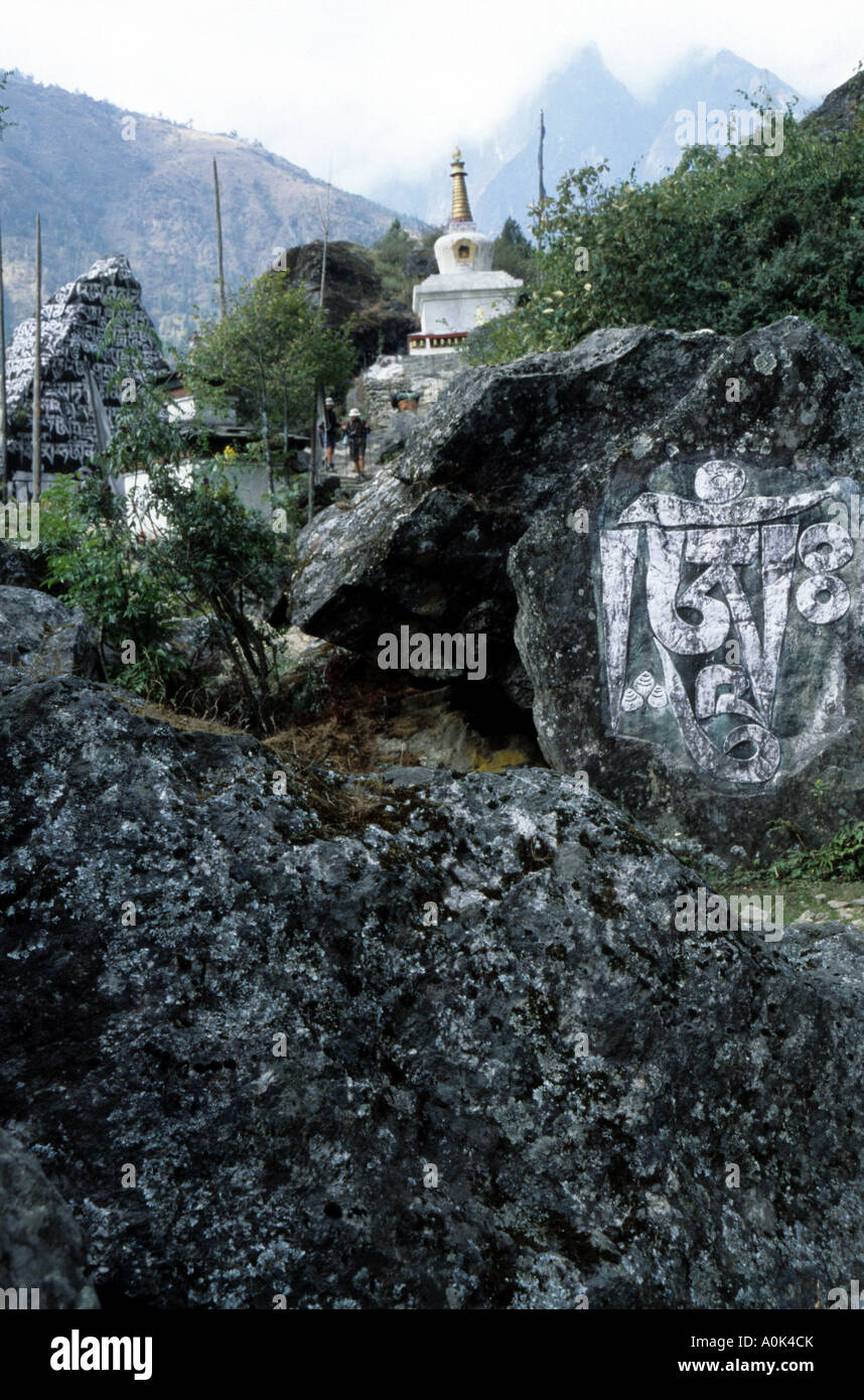 Mani stones carved with Buddhist inscriptions in the Himalayas, Nepal ...