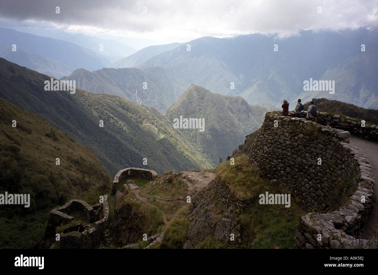 Hikers looking at Inca buildings and fortifications along the historic ...