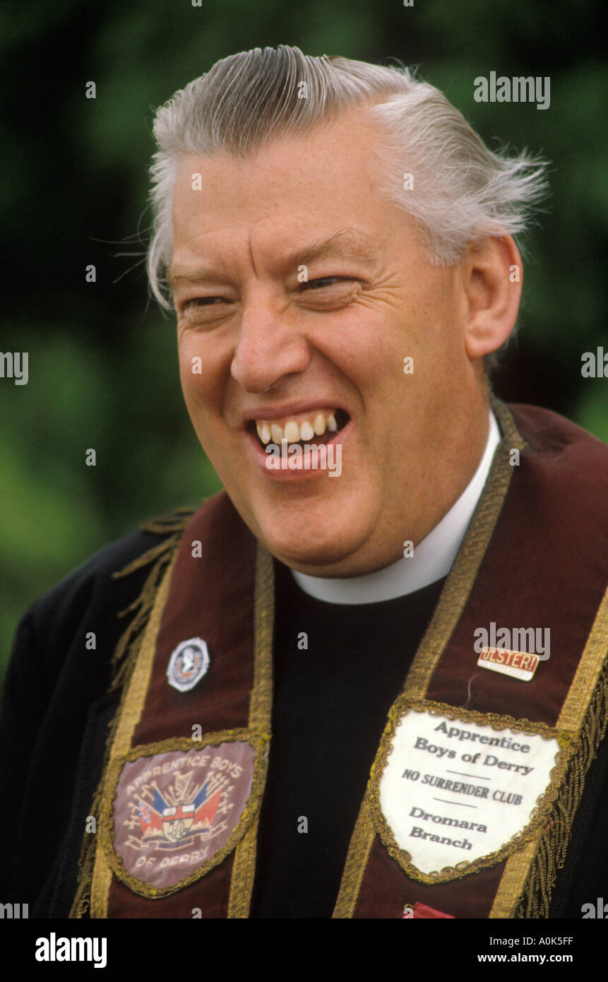 Rev Ian Paisley portrait, 1981 Orange Day Parade. He's guest of honour ...