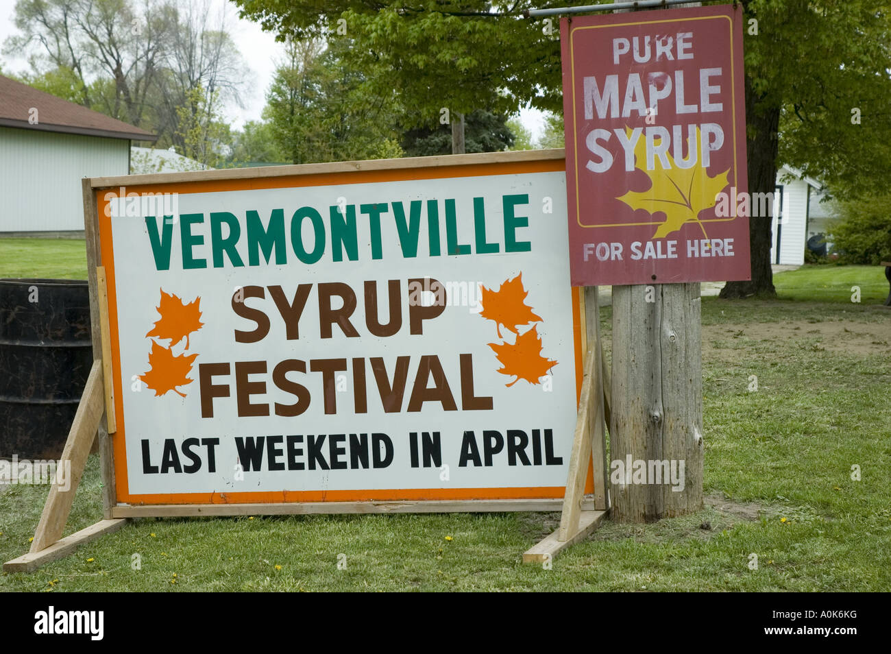 Signs for Vermontville Maple Syrup Festival, Michigan, USA Stock Photo ...