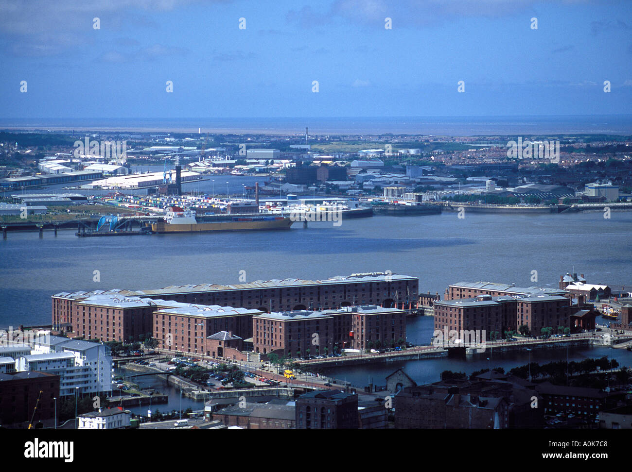 Aerial view of Albert Docks Liverpool with the River Mersey in the ...